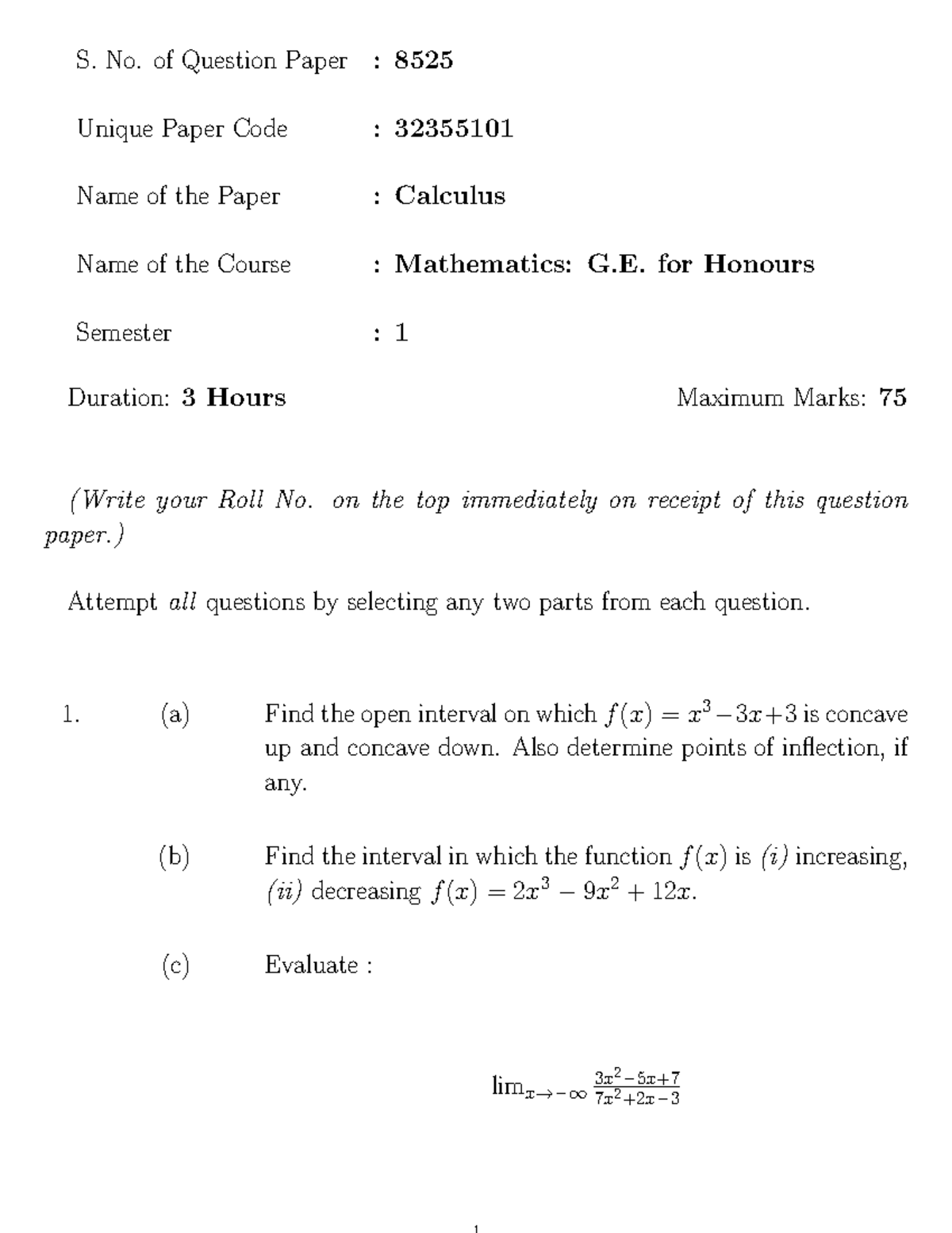 LaTeX assignment - S. No. of Question Paper : 8525 Unique Paper Code ...
