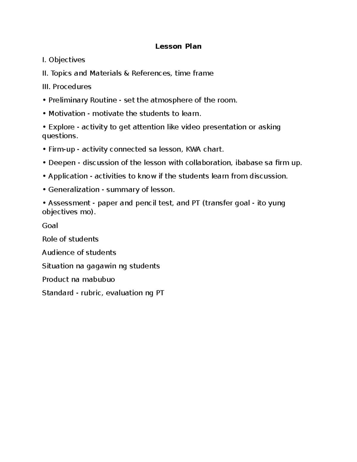 Lesson Plan - Objectives II. Topics and Materials & References, time ...