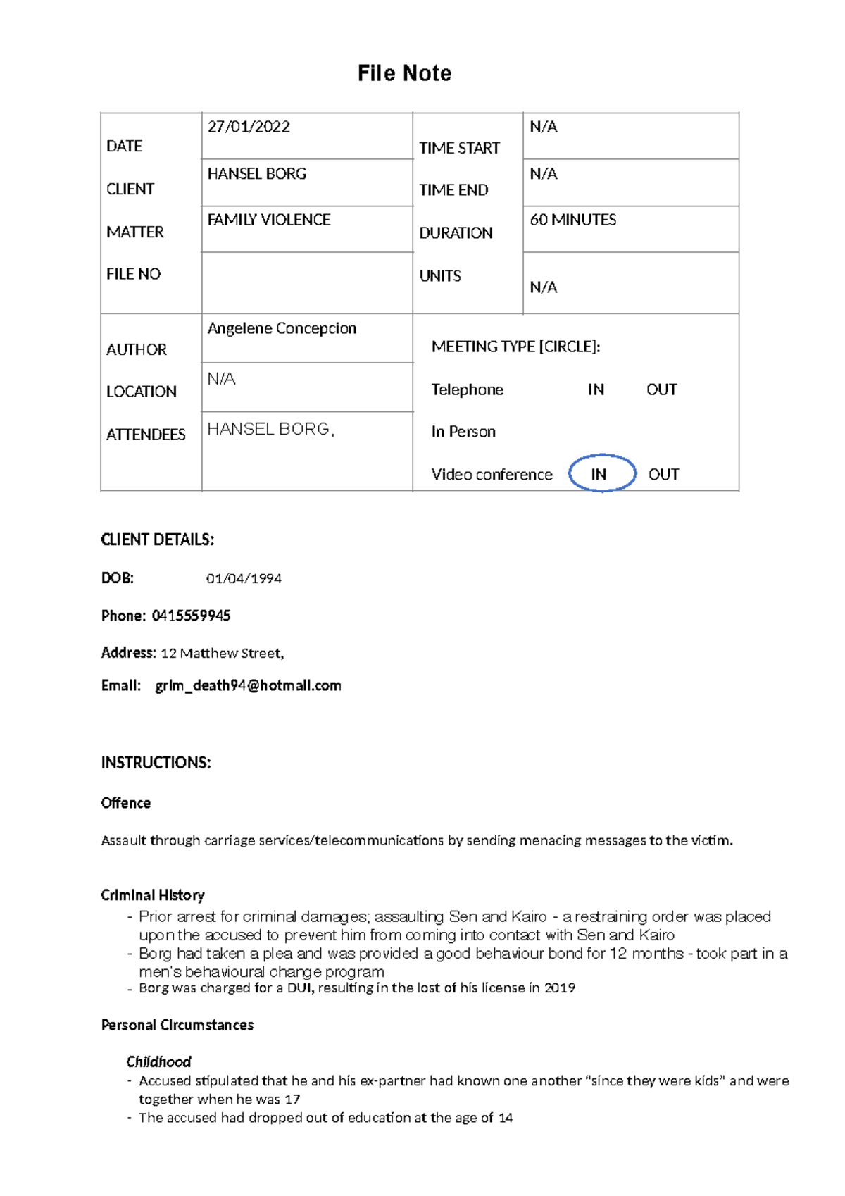 CRIMINAL LAW CLIENT FILE NOTE TASK - File Note CLIENT DETAILS: DOB: 01 ...