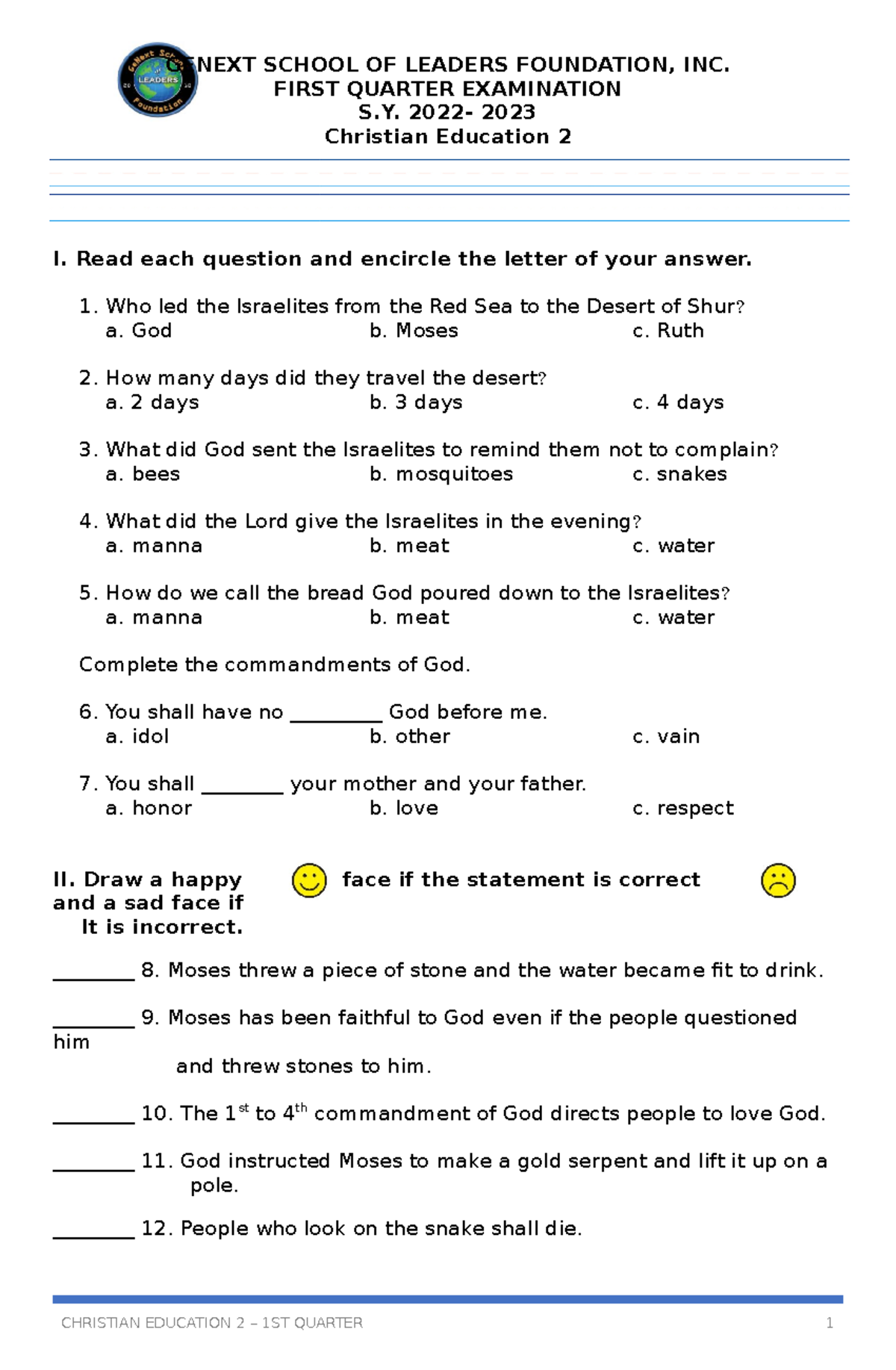 Questions for Christian Education 2 - GENEXT SCHOOL OF LEADERS ...