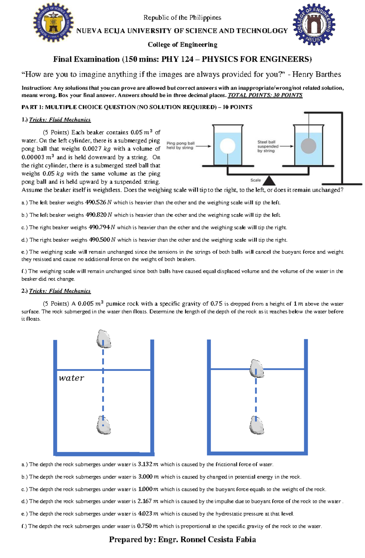 Final Exam PHY 124 Ans Key - Prepared by: Engr. Ronnel Cesista Fabia ...