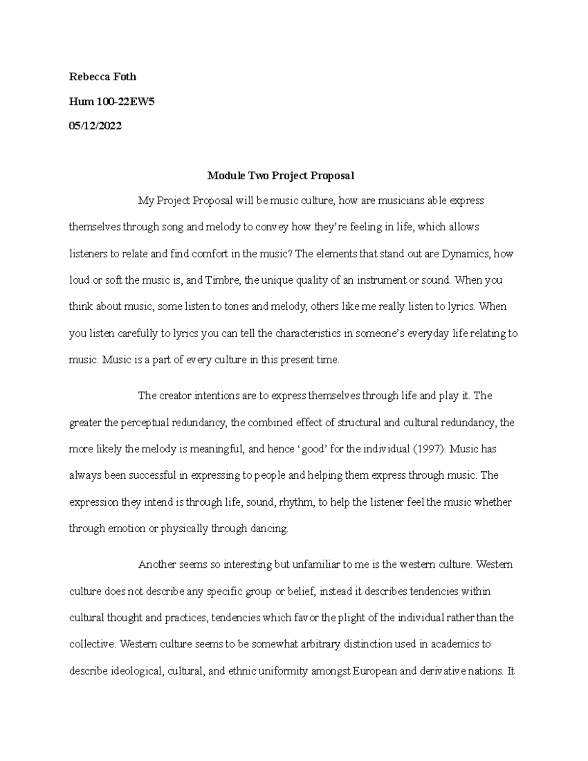 Module 2 hum-100 - Rebecca Foth Hum 100-22EW 05/12/ Module Two Project ...