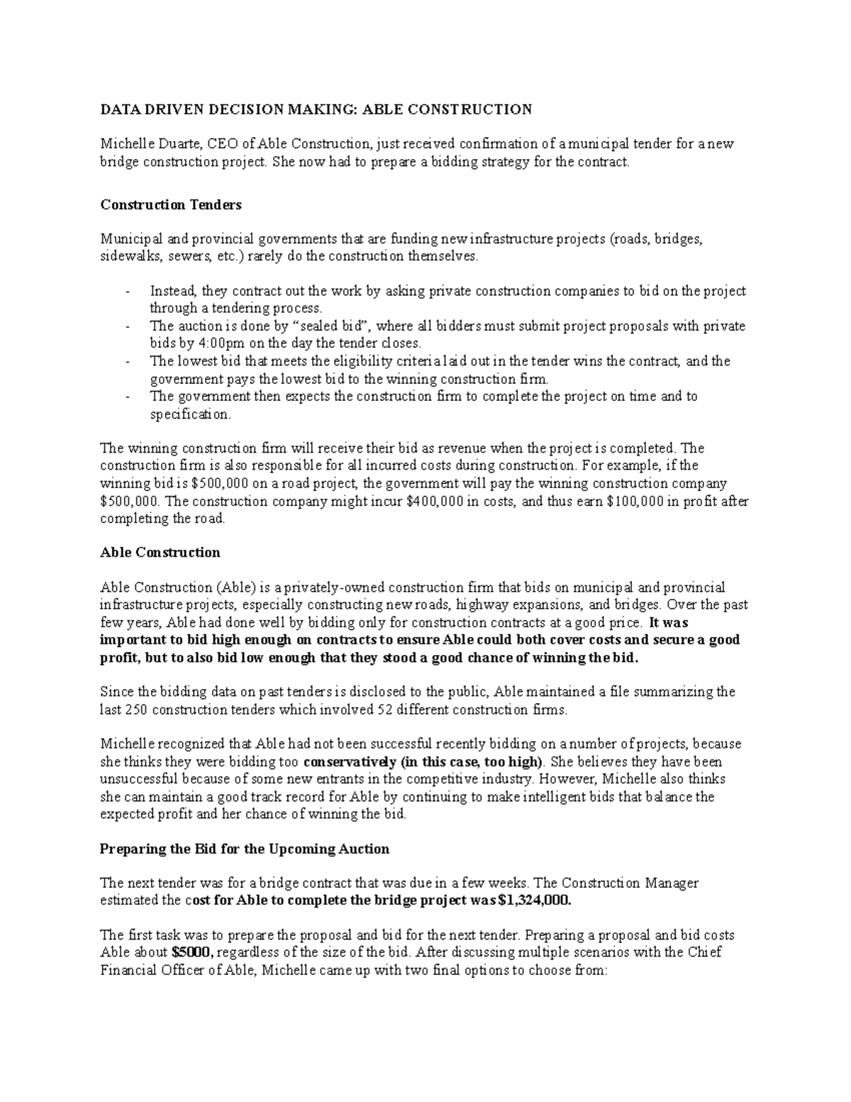 ABLE Construction - Professor: Adam Prokop - DATA DRIVEN DECISION ...