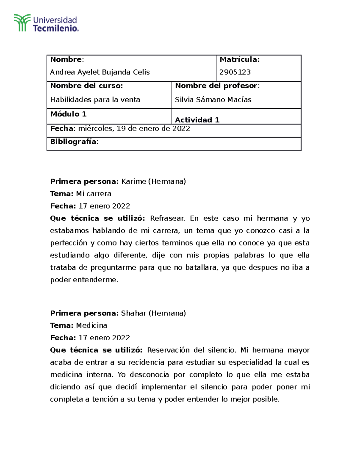 Actividad 1 Habilidades para la venta - Nombre : Andrea Ayelet Bujanda ...