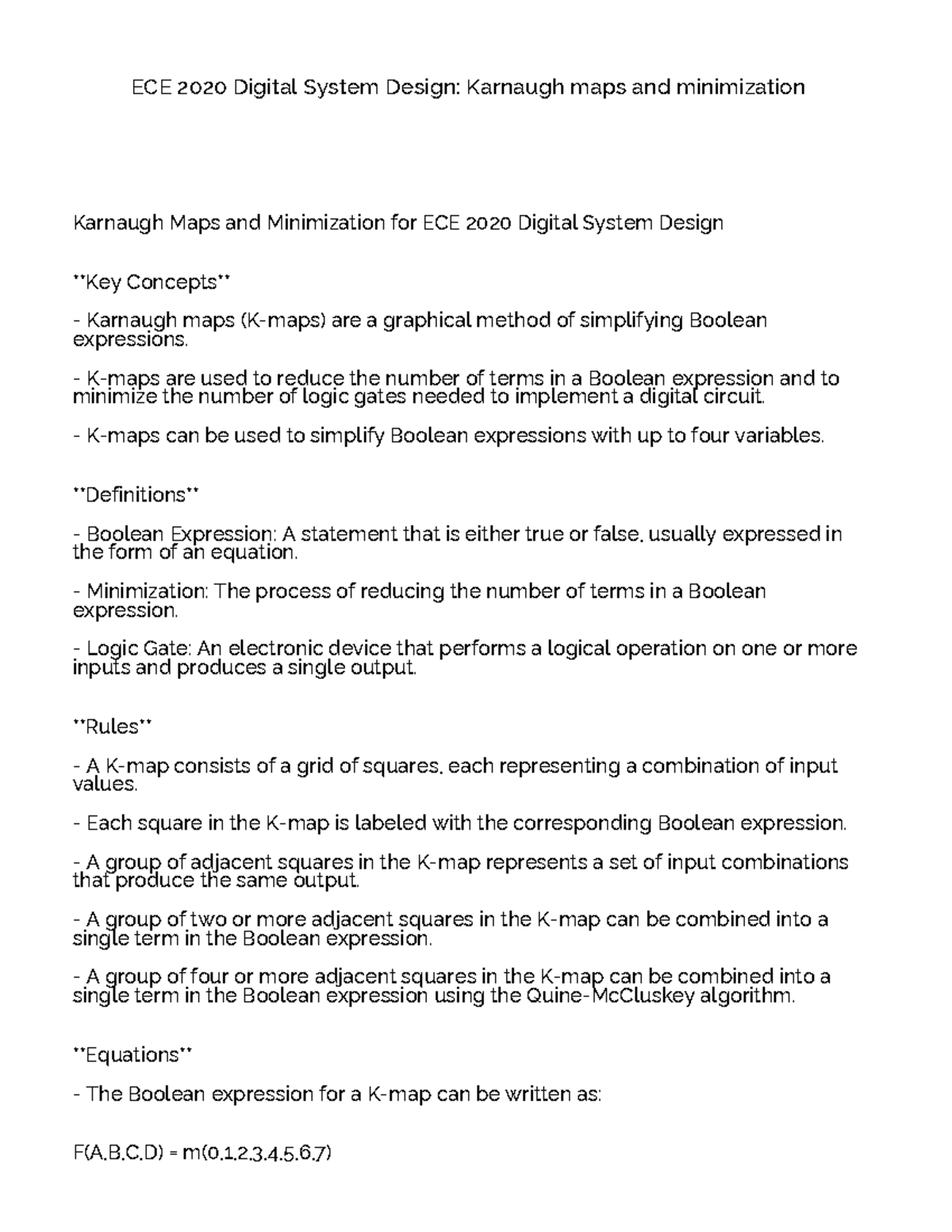Notes-ECE 2020 Digital System Design- Karnaugh MAPS AND Minimization ...