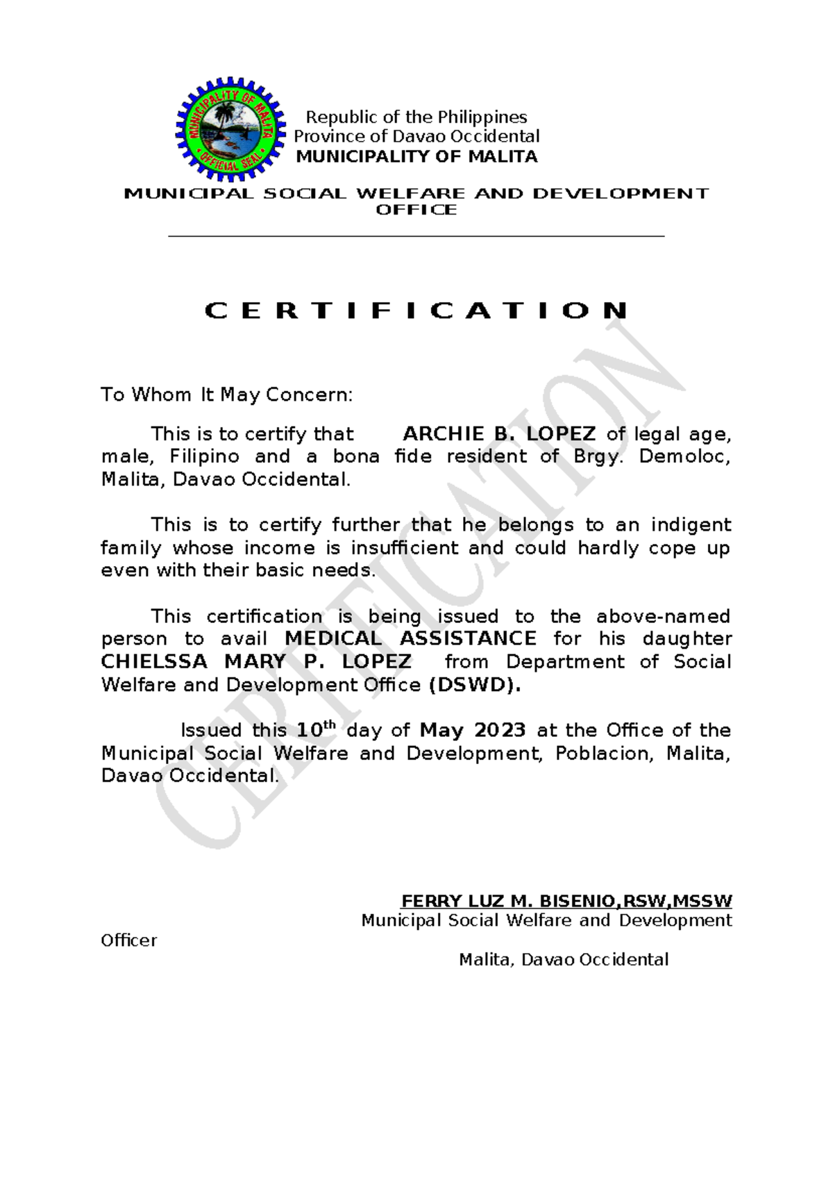 Republic of the Philippine 2 - Republic of the Philippines Province of Davao Occidental ...