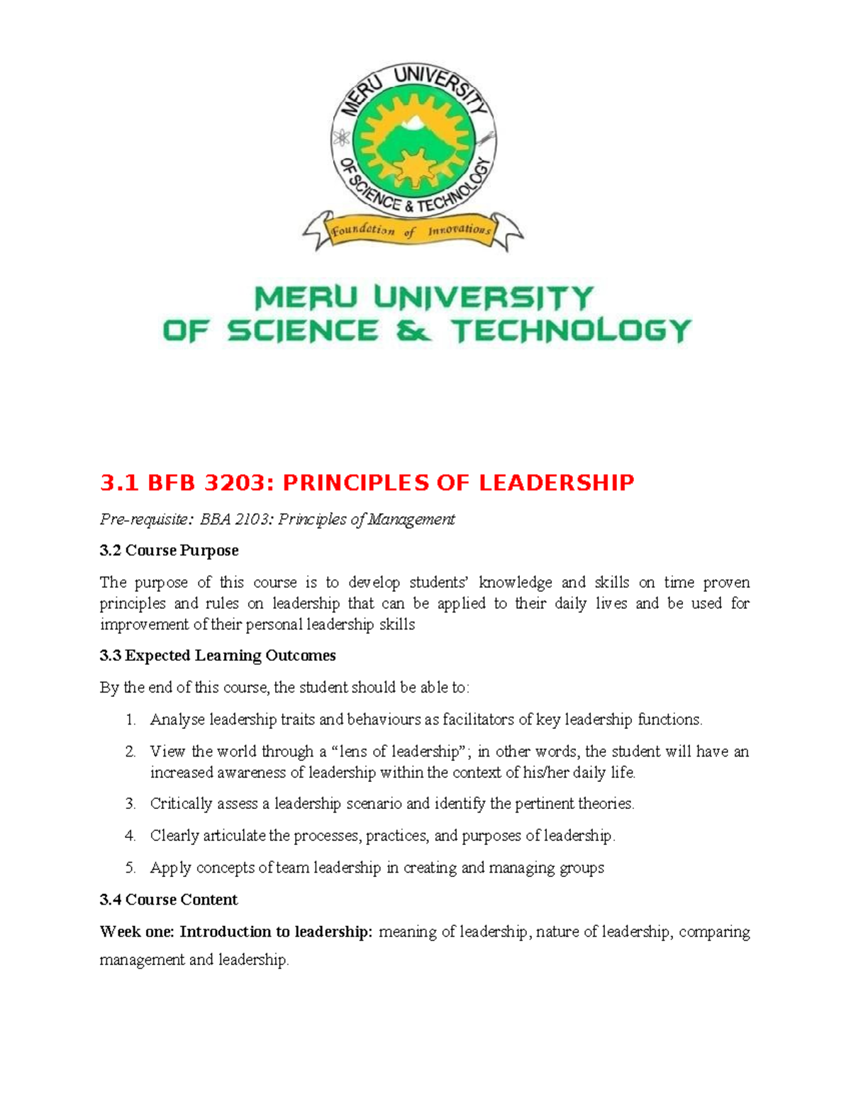 Course outline Principles of Leadership - 3 BFB 3203: PRINCIPLES OF ...