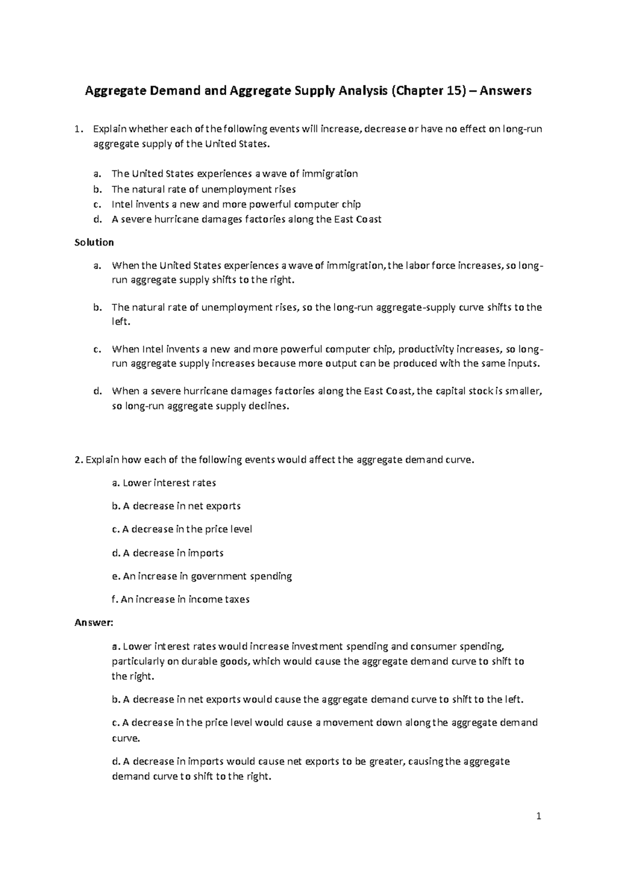 Tutorial - Chapter 15 - Answers - Aggregate Demand and Aggregate Supply ...