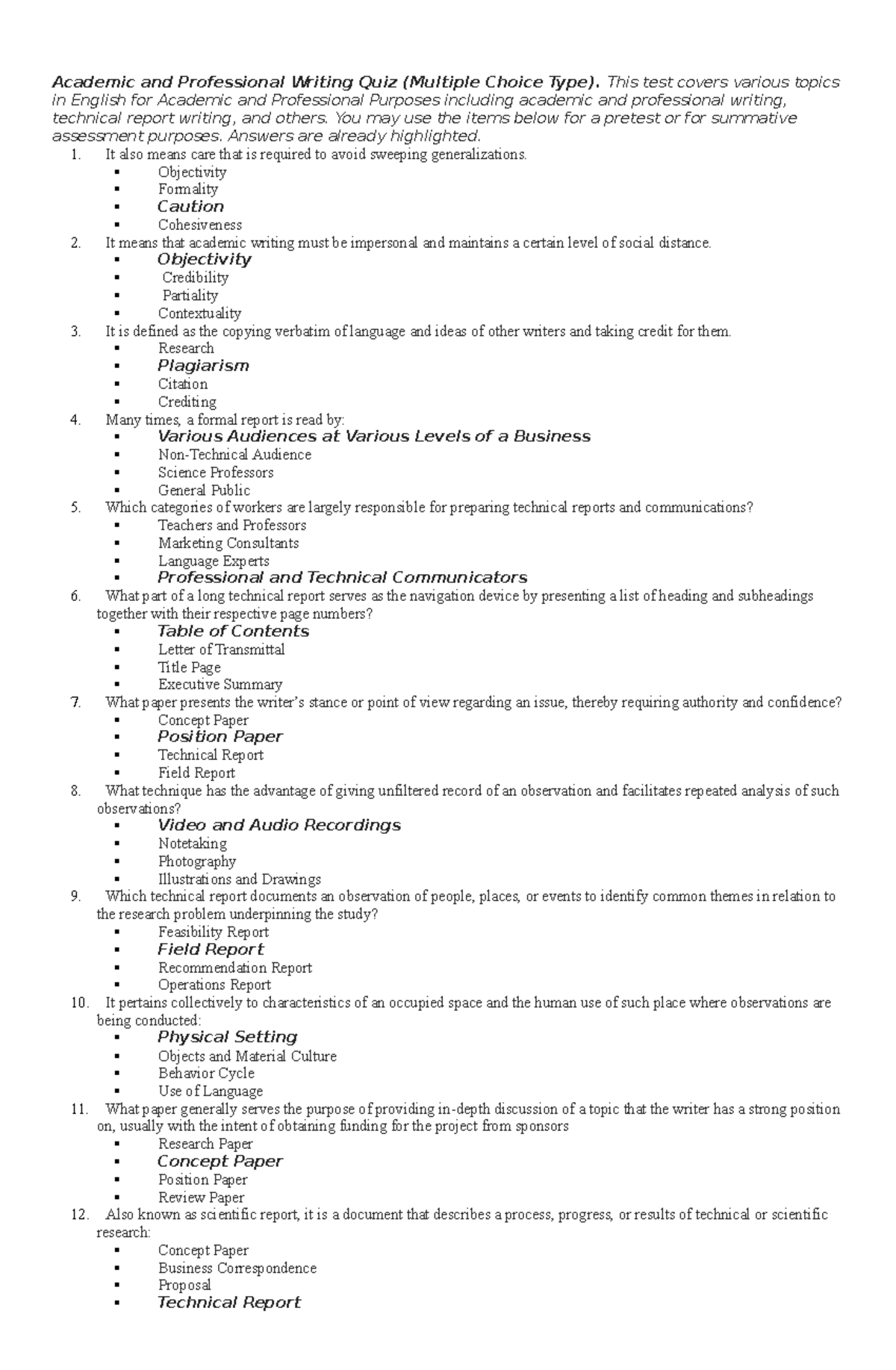 Academic and Professional Writing Quiz s - Academic and Professional ...