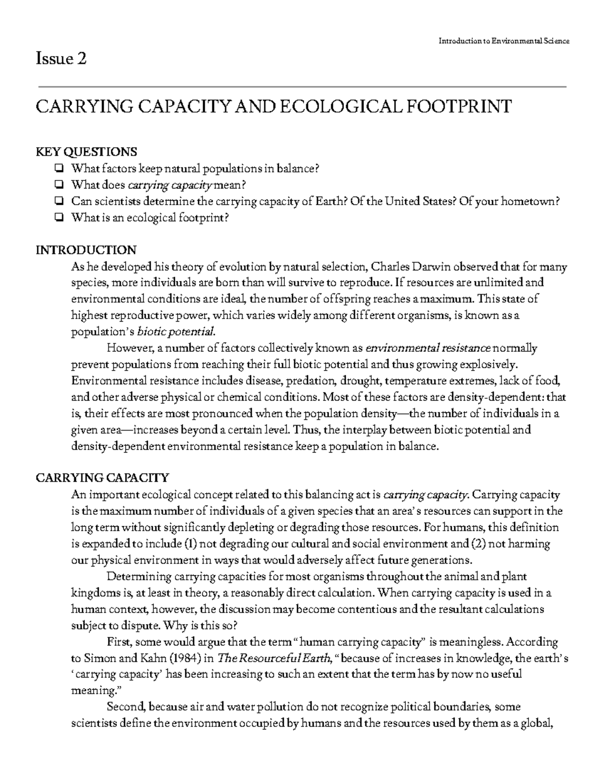 Issue 2 Carrying Capacity and Ecological Footprint - Introduction to ...