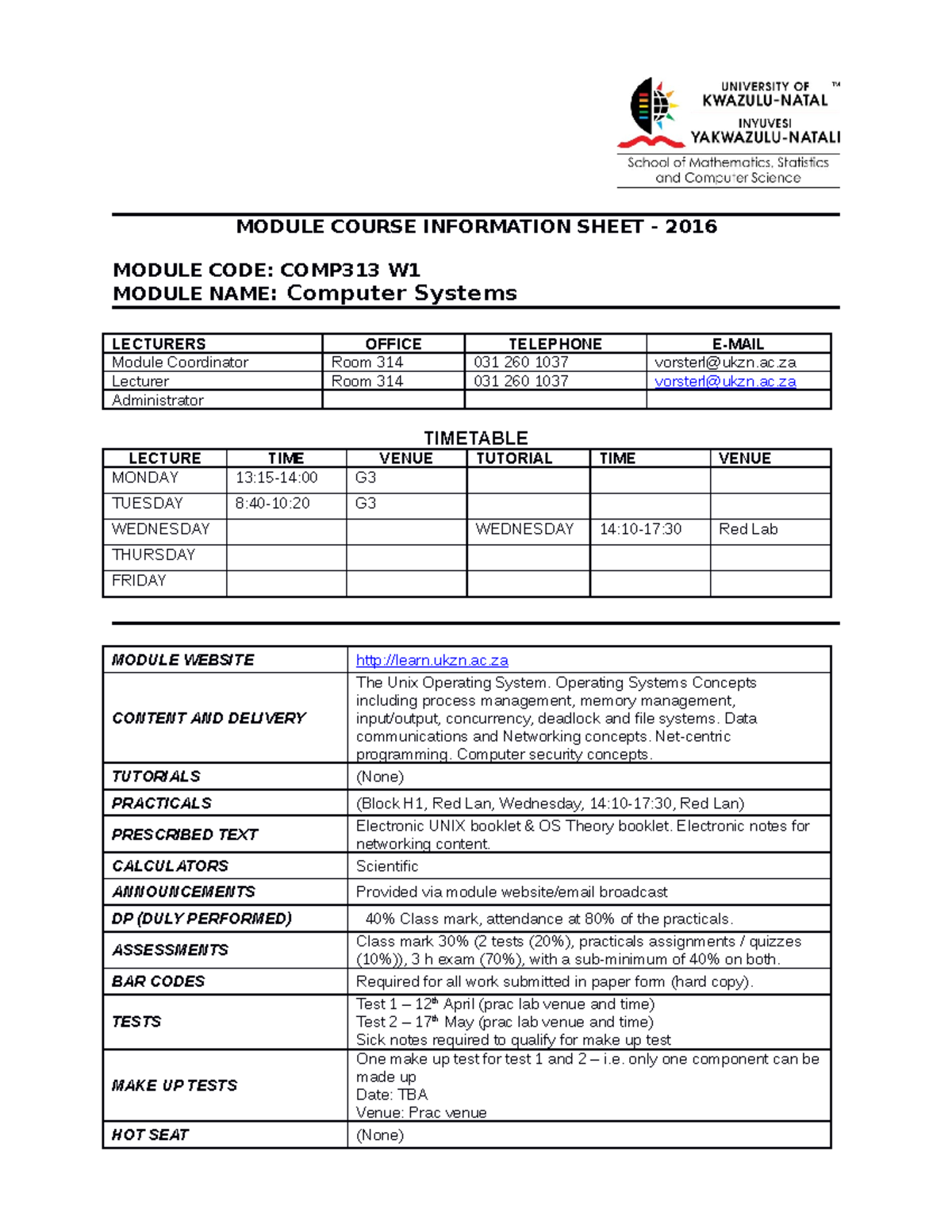 Course Outline - MODULE COURSE INFORMATION SHEET - 2016 MODULE CODE ...