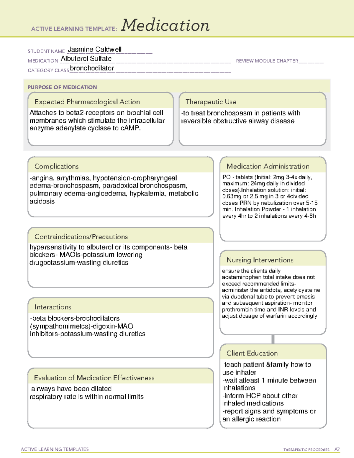 Albuterol - med card - ACTIVE LEARNING TEMPLATES TherapeuTic procedure ...