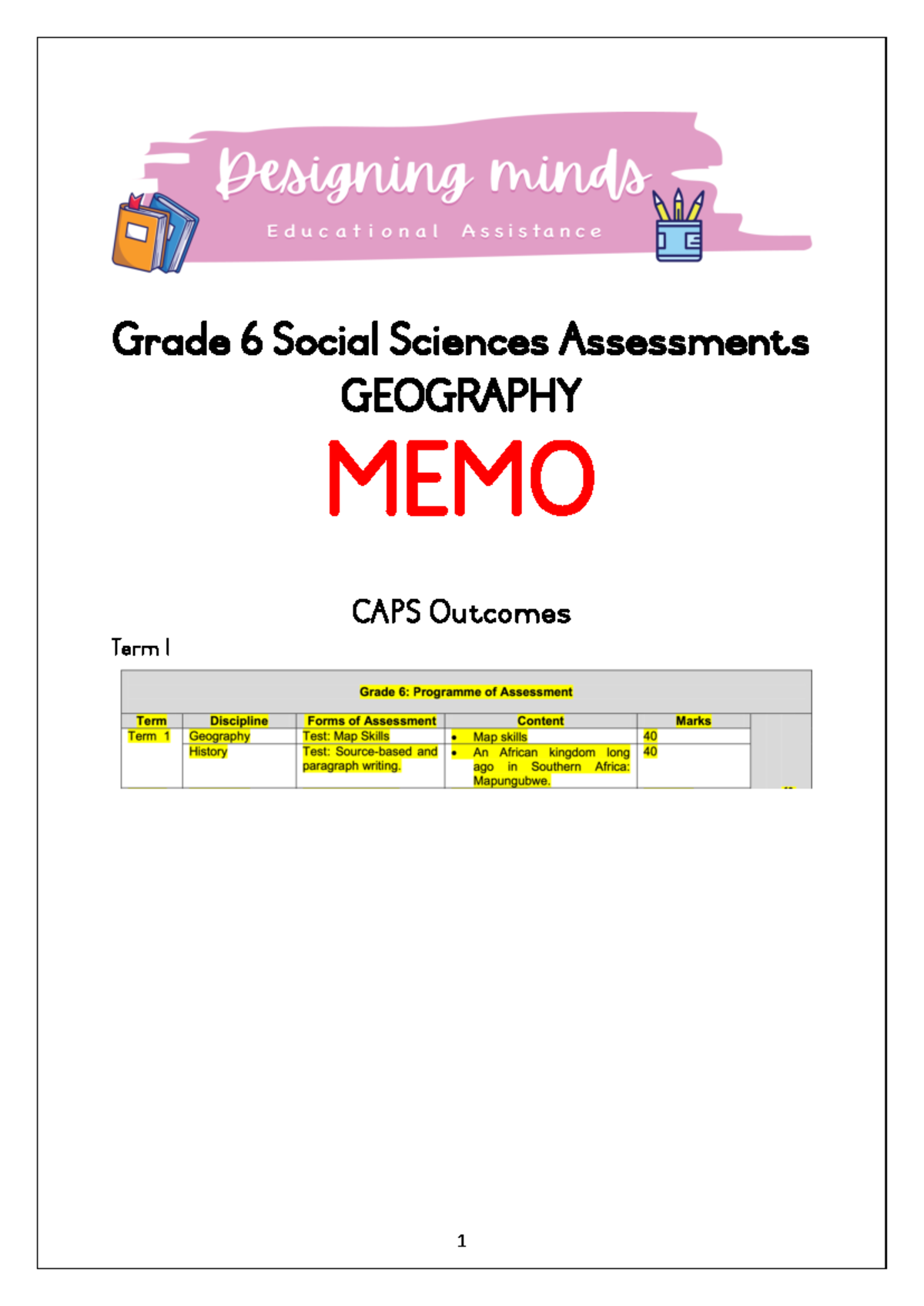 Grade 6 Geography Term 1 Assessment Memo - Grade 6 Social Sciences ...