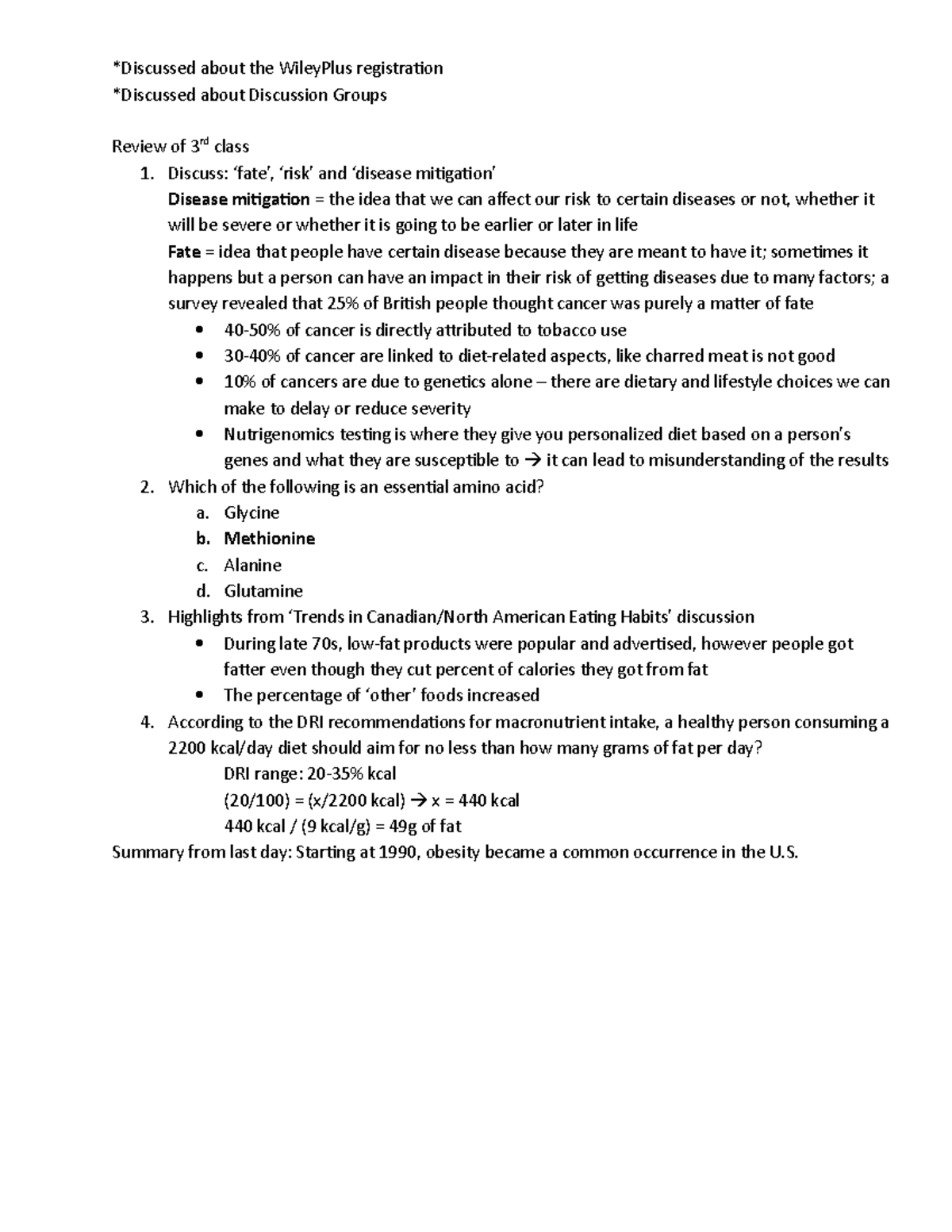 L4 Fat - notes - *Discussed about the WileyPlus registration *Discussed ...