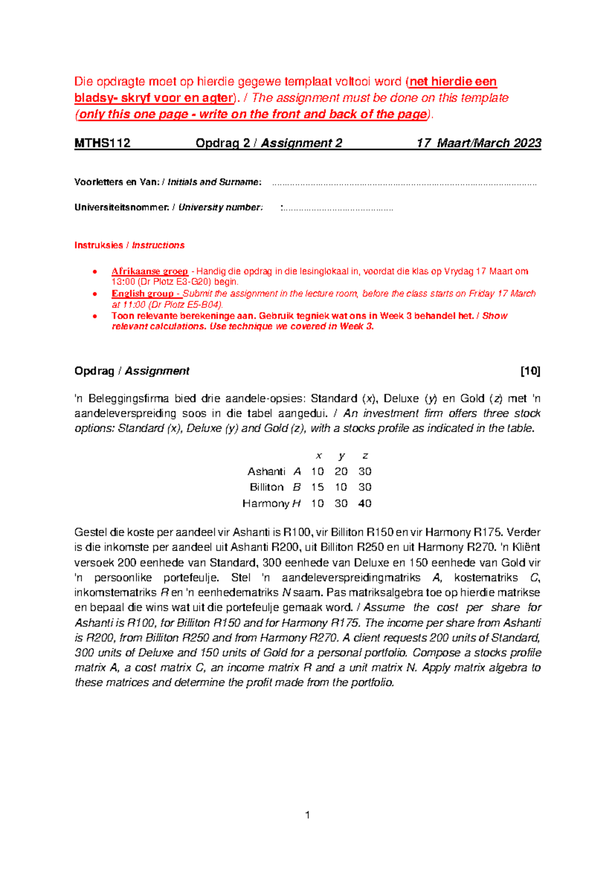 Assignment 2 - Mths 112 - 1 Die opdragte moet op hierdie gegewe ...