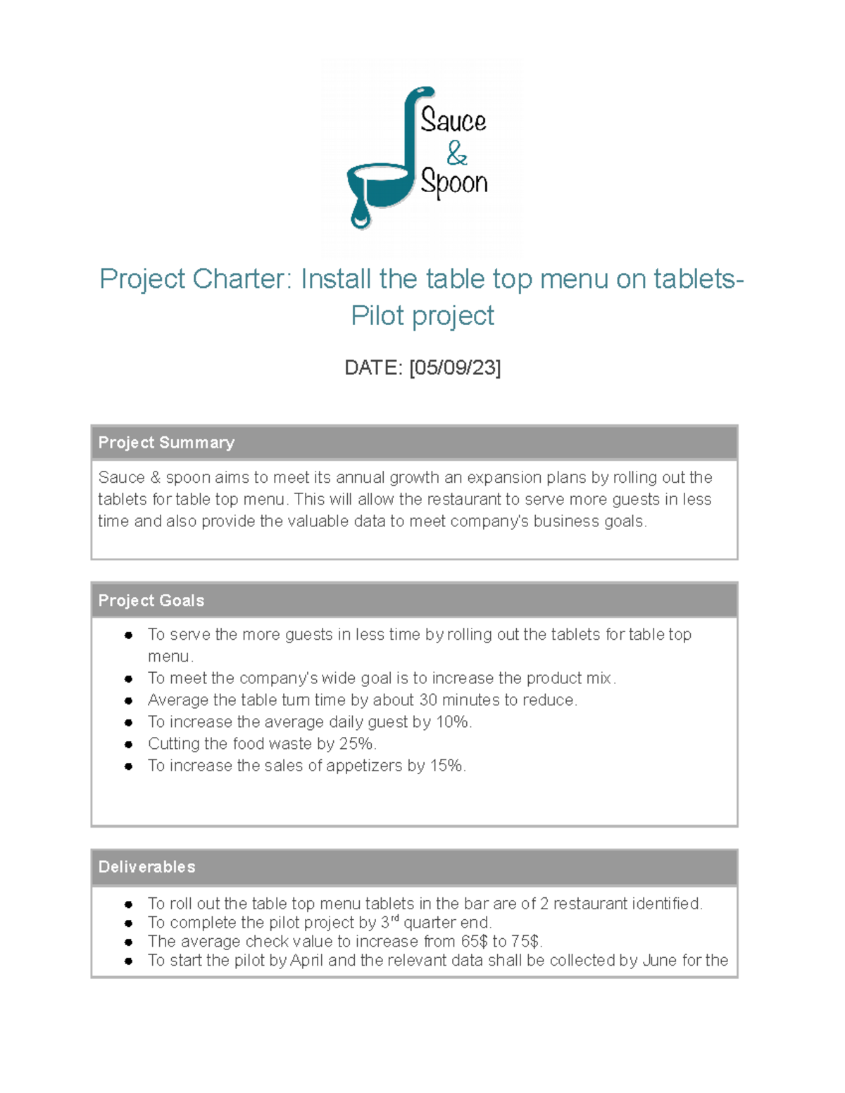 Activity-Template -Project-Charter - Project Charter: Install the table top menu on tablets ...