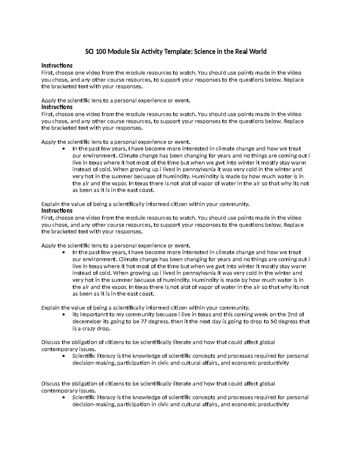 SCI 100 Module Six Activity Template - You should use points made in ...