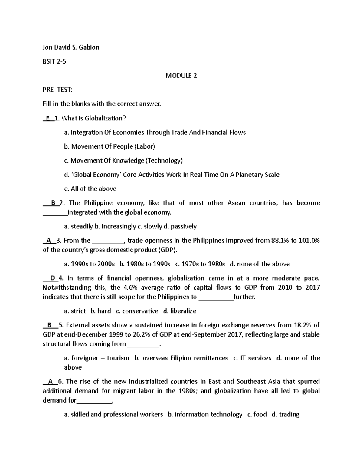 JON David S. Gabion - Module 2 PRE-TEST - Jon David S. Gabion BSIT 2 ...
