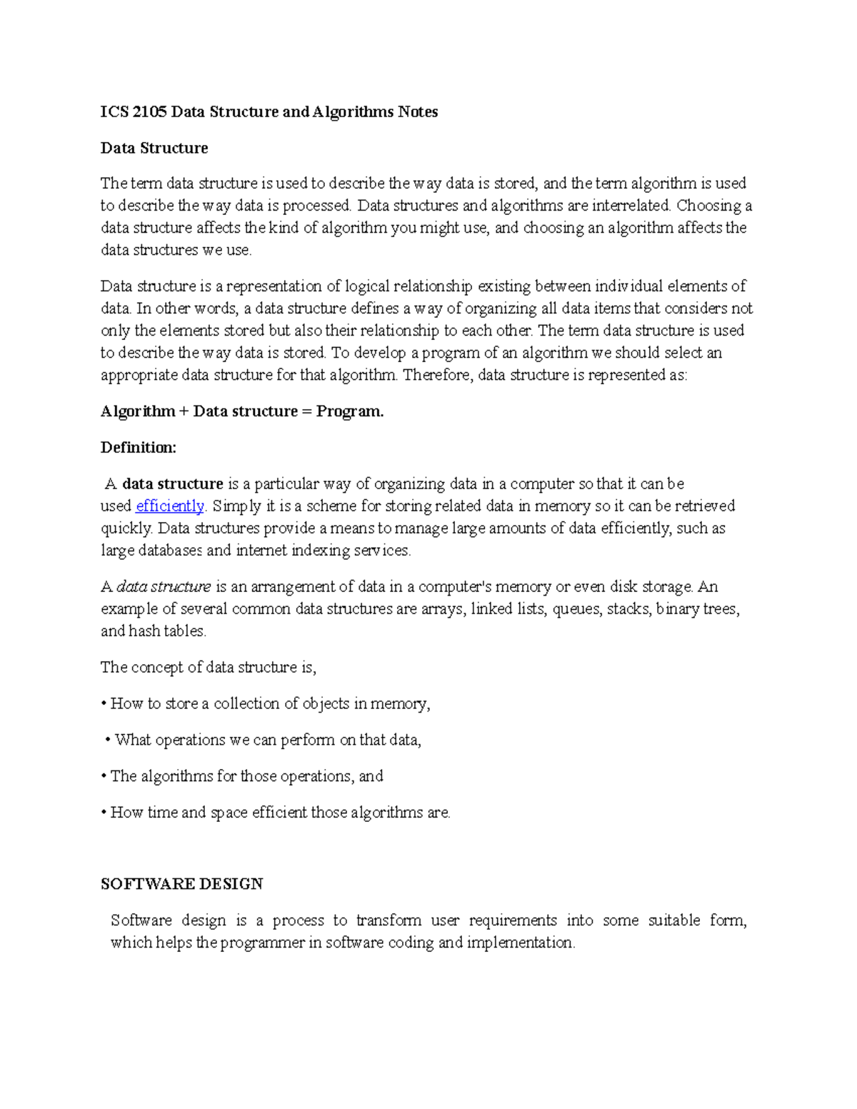 Ics 2105 Data Structure And Algorithms Data Structures And Algorithms Are Interrelated