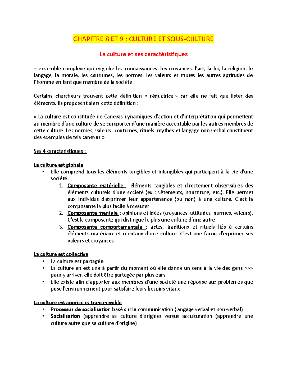 Chapitre 8 et 9 - La culture - CHAPITRE 8 ET 9 : CULTURE ET SOUS ...