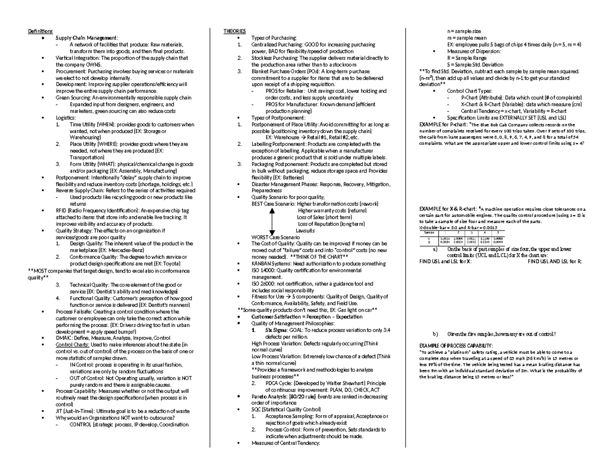 OPMA 301 Cheat Sheet - n/a - Definitions Supply Chain Management: - A ...