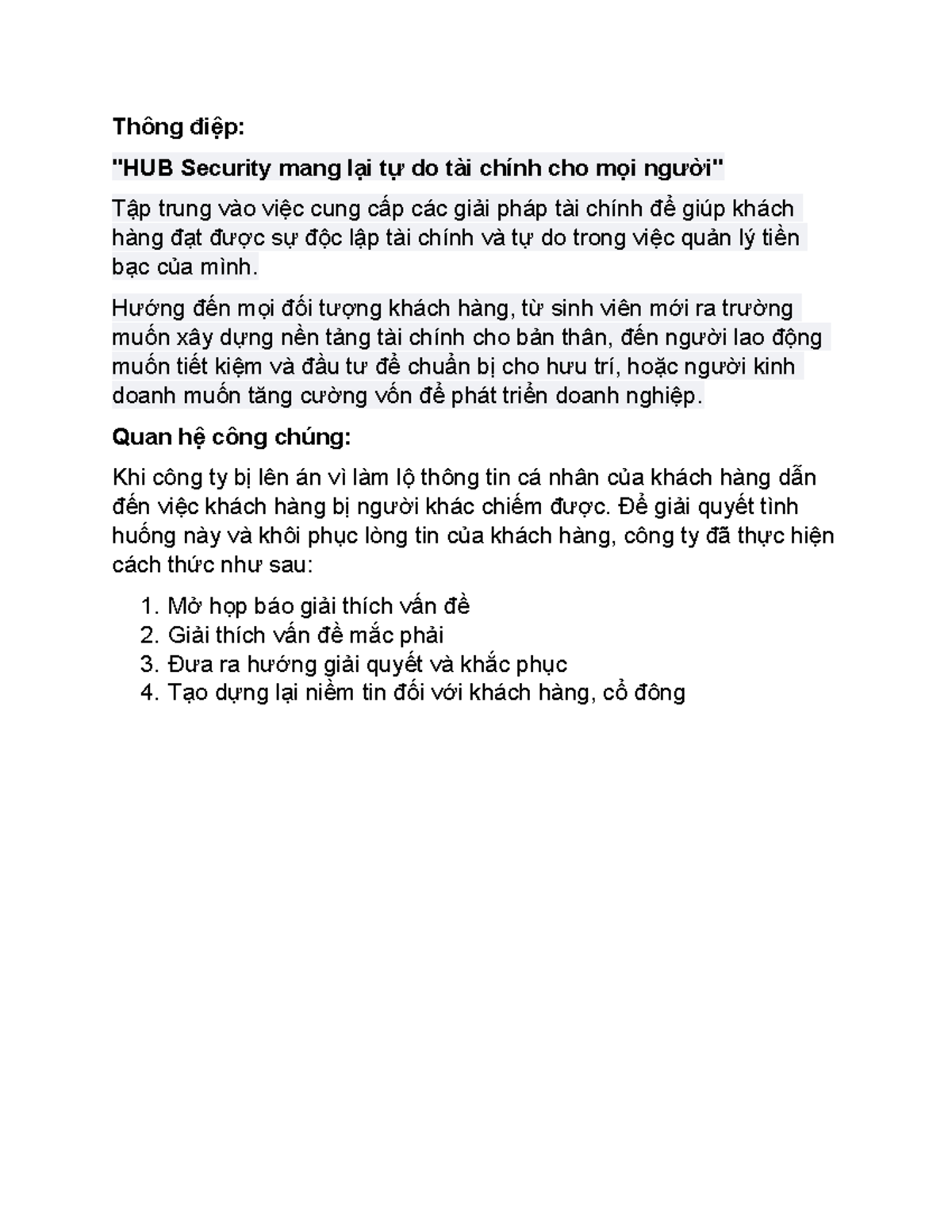 Bài tập nhóm Mar dvtc - chào - Thông điệp: "HUB Security mang lại tự do tài chính cho mọi - Studocu
