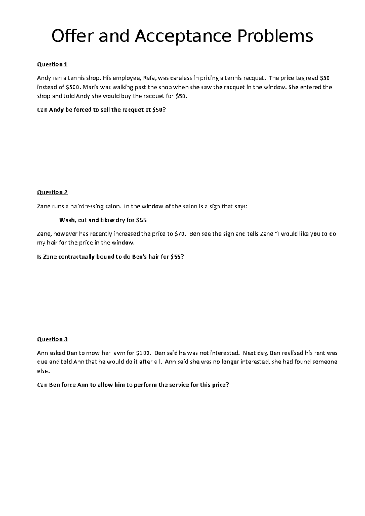 Offer and Acceptance Problems - Offer and Acceptance Problems Question ...