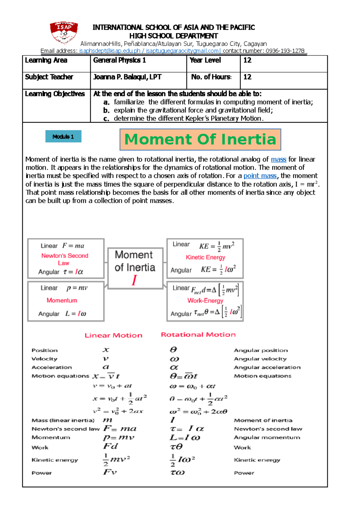 I2rz s8w ue6lb n] - ggdd - Moment Of Inertia Module 1 INTERNATIONAL SCHOOL OF ASIA AND THE ...