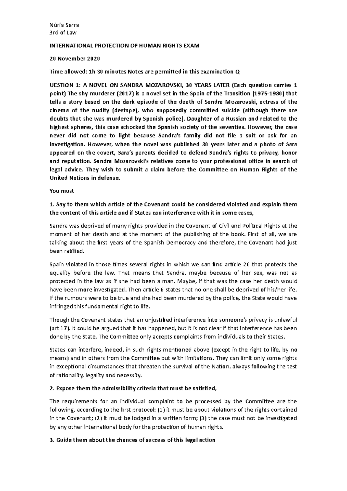 Exam IPHR by Nuria Serra - 3rd of Law INTERNATIONAL PROTECTION OF HUMAN ...