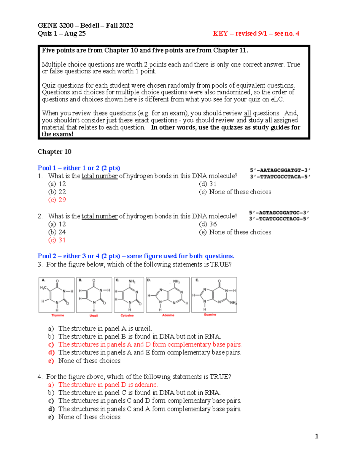 Exam 1 Quiz Key - notes - GENE 3200 3 Bedell 3 Fall 2022 Quiz 1 3 Aug ...