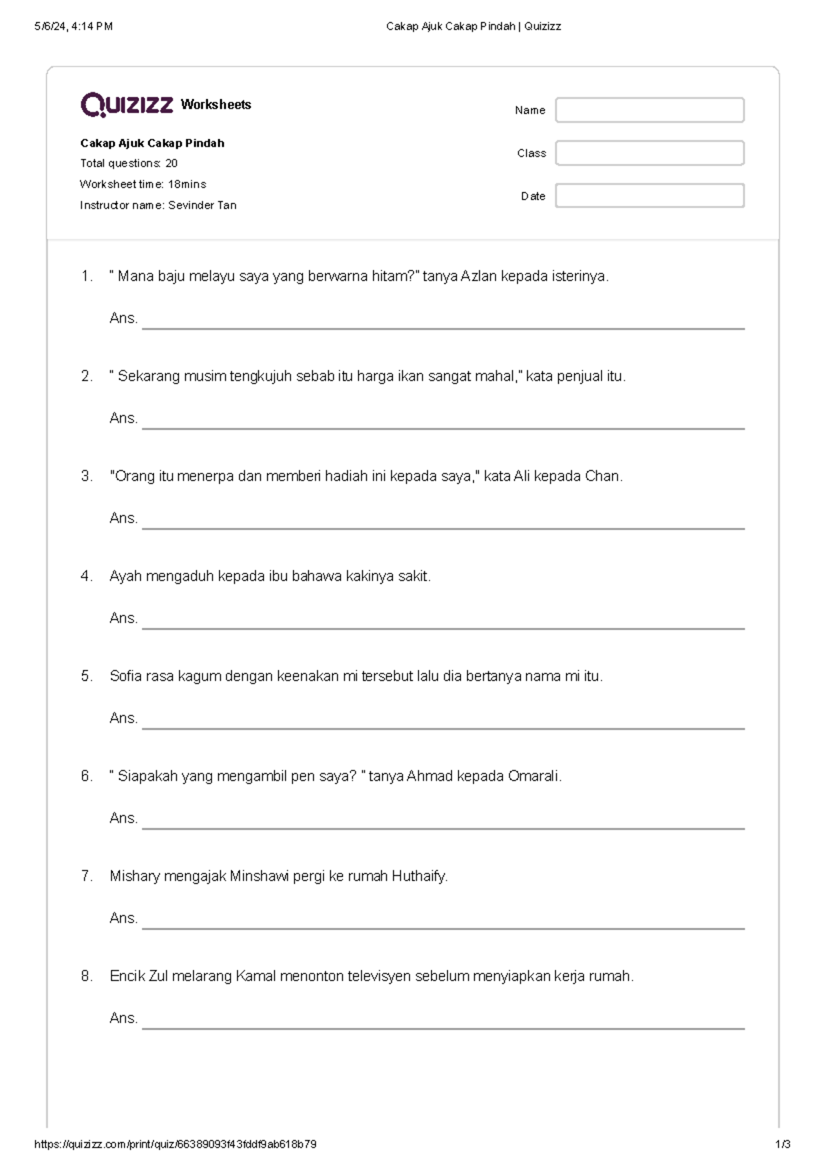 Cakap Ajuk Cakap Pindah Quizizz - Worksheets Cakap Ajuk Cakap Pindah Total questions: 20 ...