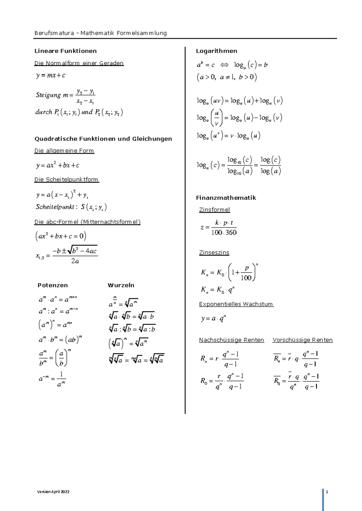 Formelsammlung MT (Version 2022-04) - Berufsmatura - Mathematik ...