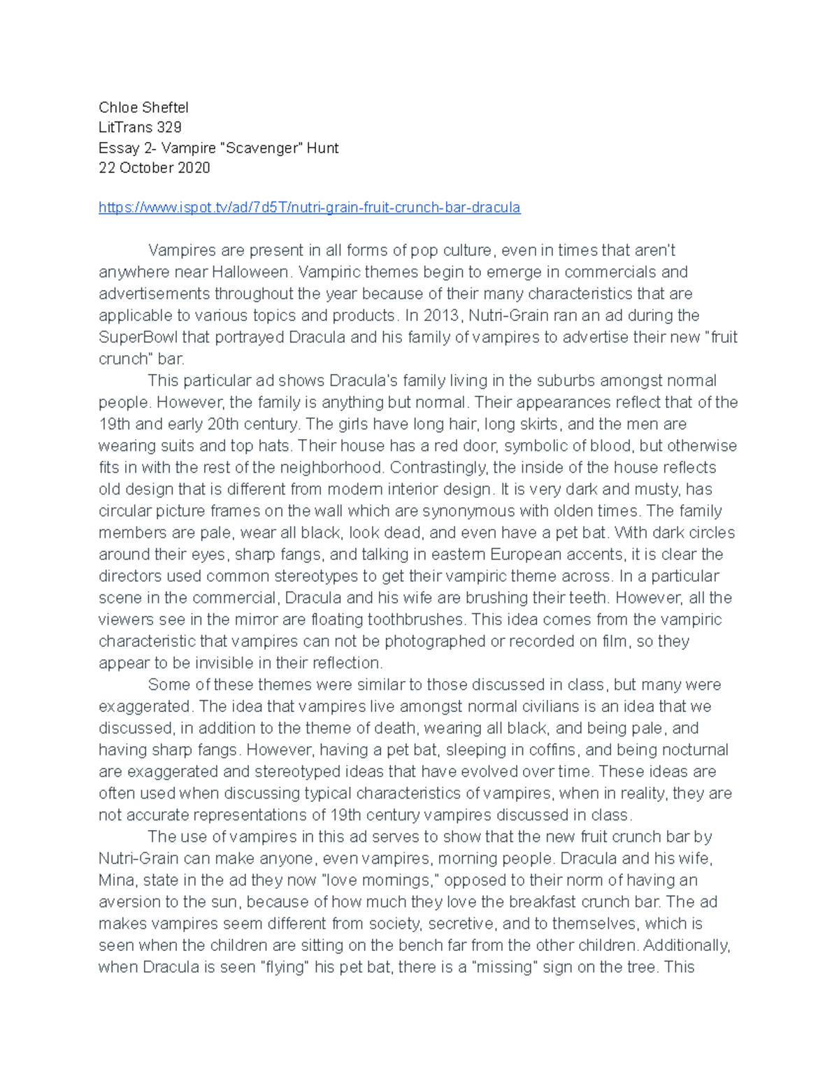 Vampire Scavenger Hunt Essay 2 - Chloe Sheftel LitTrans 329 Essay 2 ...