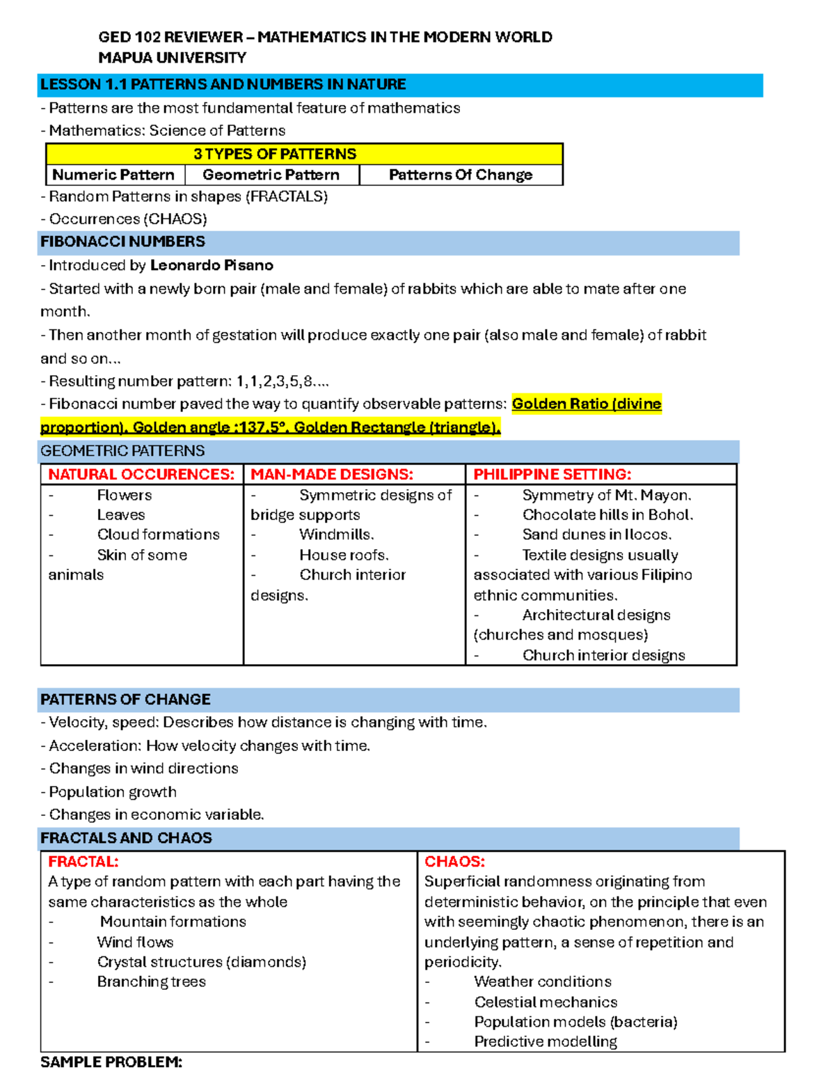 MMW- Reviewer-1 - reviewer for midterms - MAPUA UNIVERSITY LESSON 1 PATTERNS AND NUMBERS IN ...