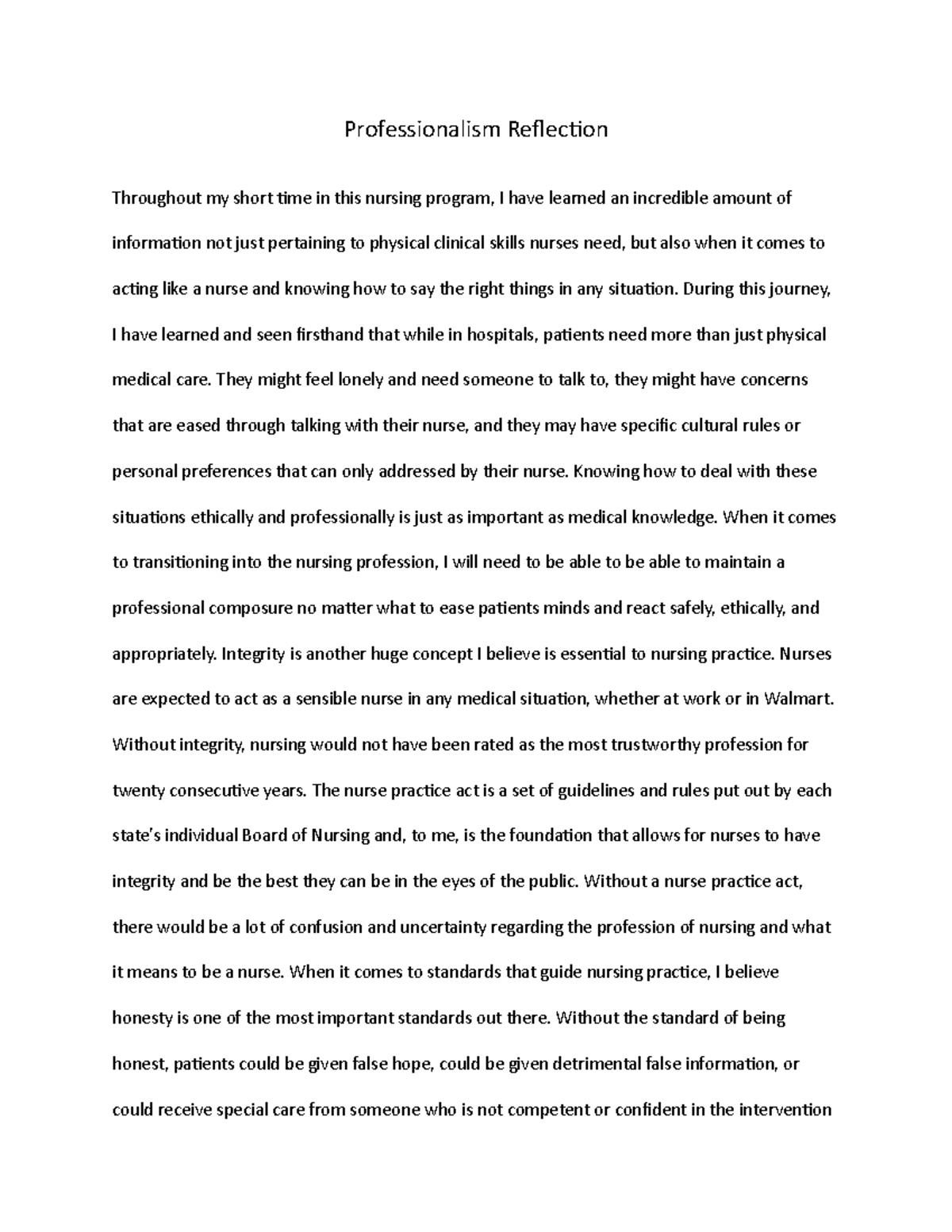 Professionalism Reflection - Professionalism Reflection Throughout my ...