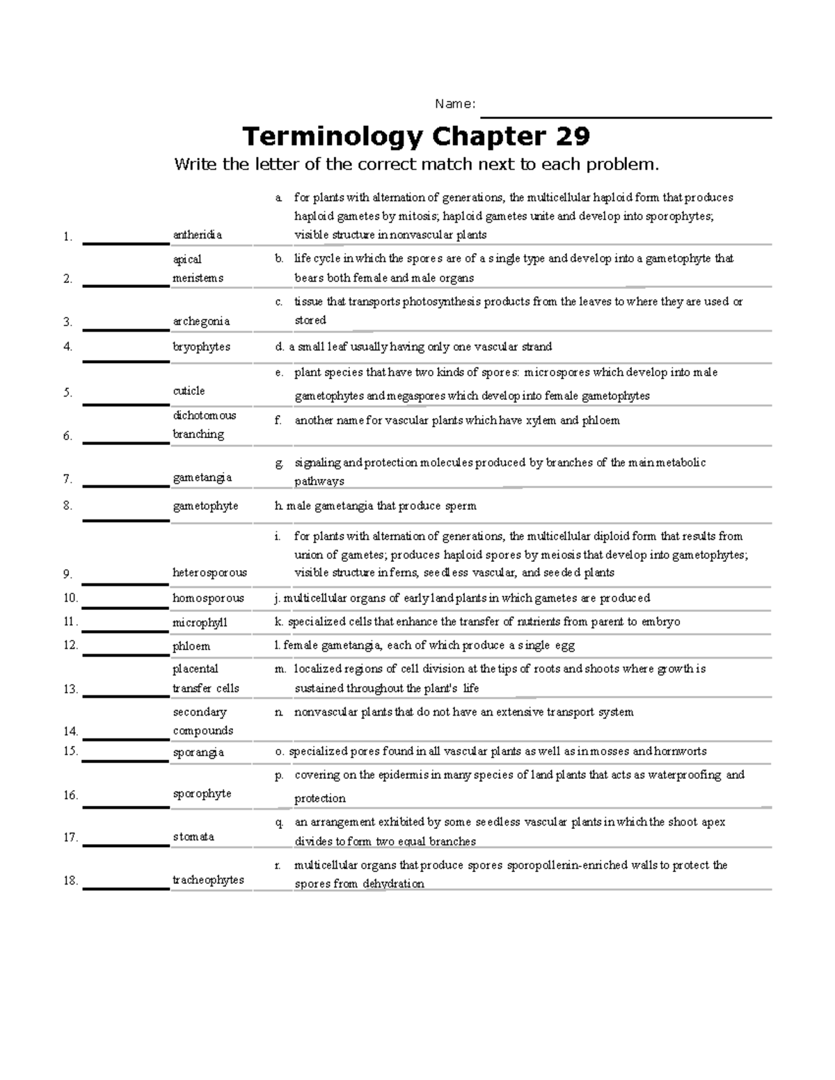 Terminology Chapter 29 - Name: Terminology Chapter 29 Write the letter ...