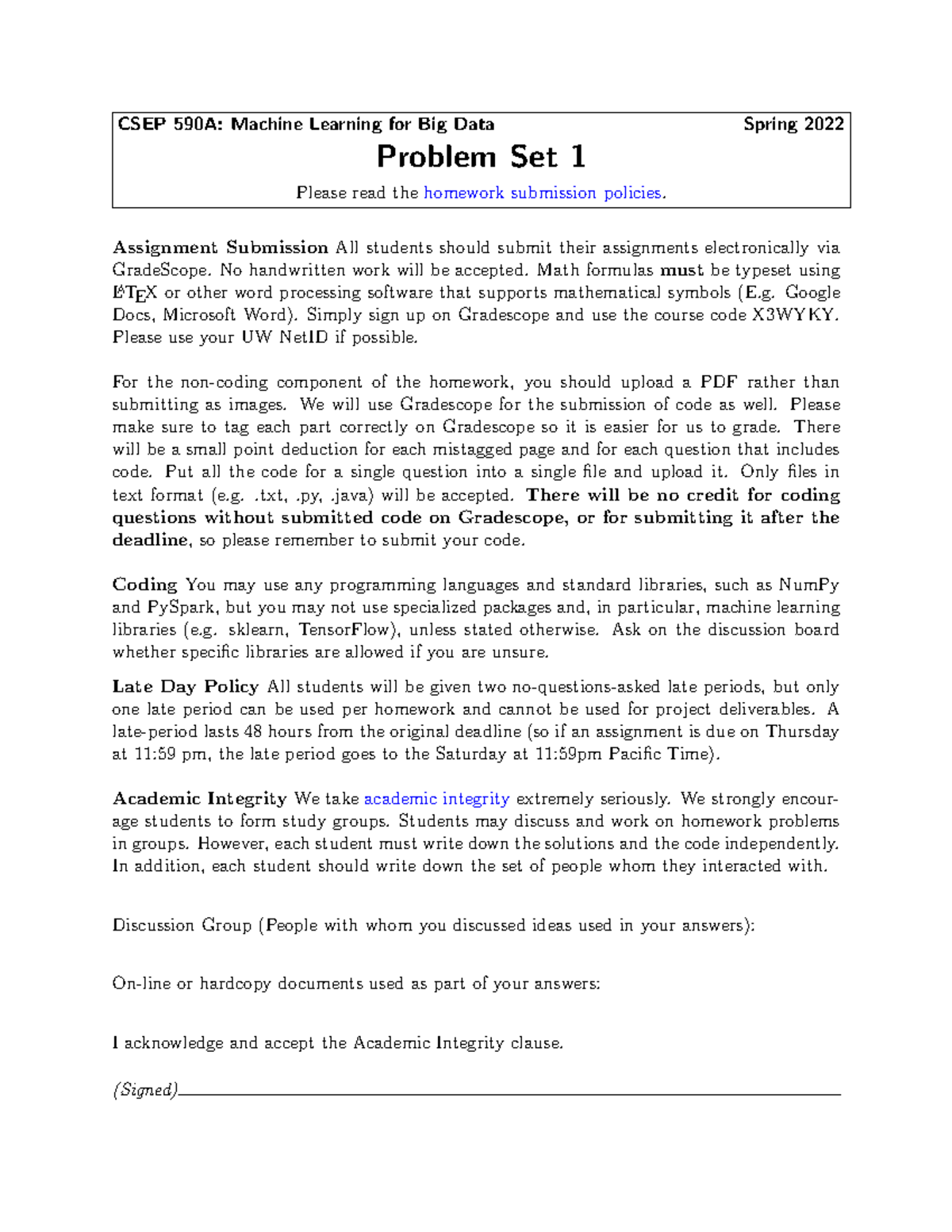 Hw1 - Assignment - CSEP 590A: Machine Learning for Big Data Spring 2022 Problem Set 1 Please ...