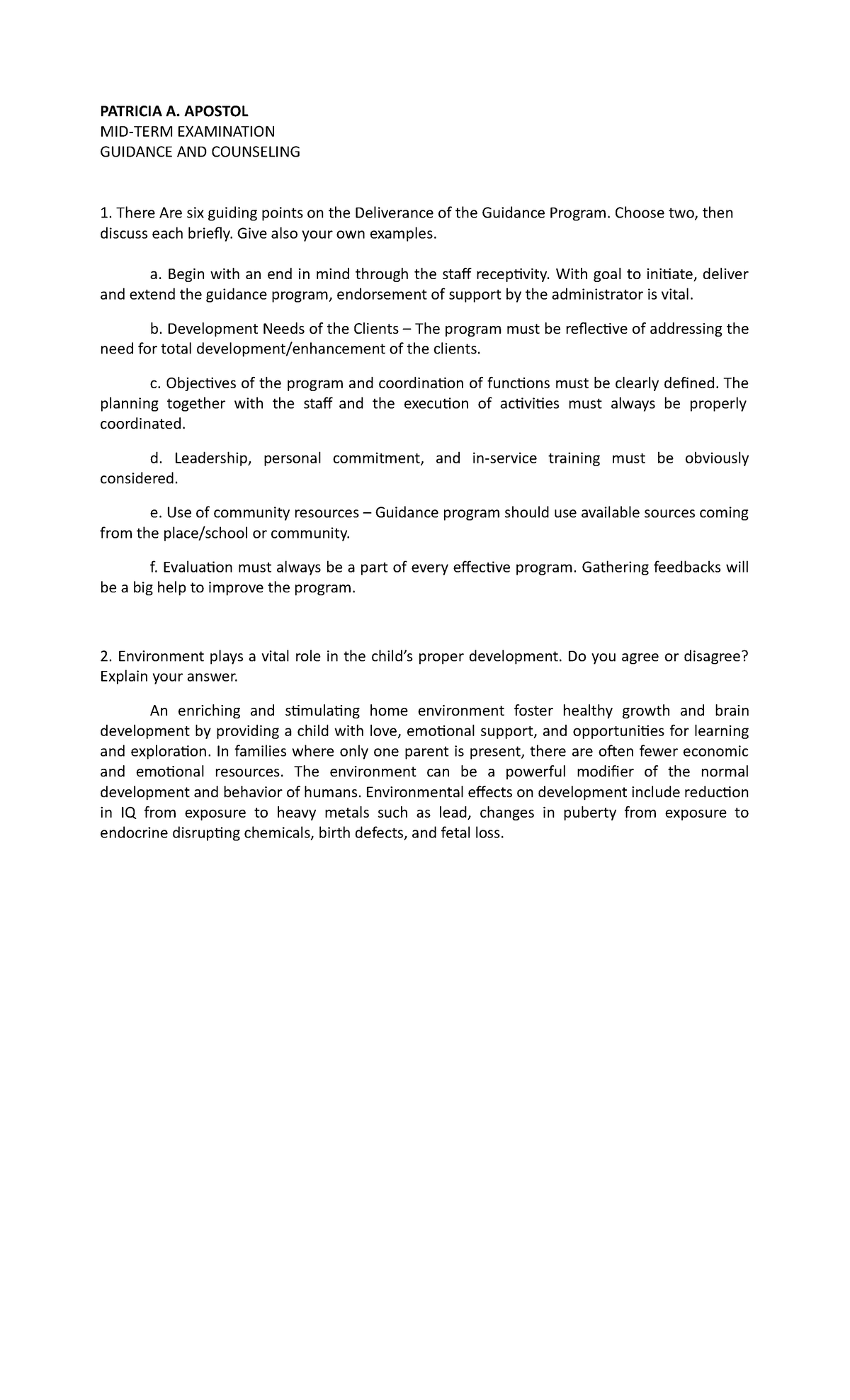 Midterm EXAM - Guidance and Counseling - PATRICIA A. APOSTOL MID-TERM ...