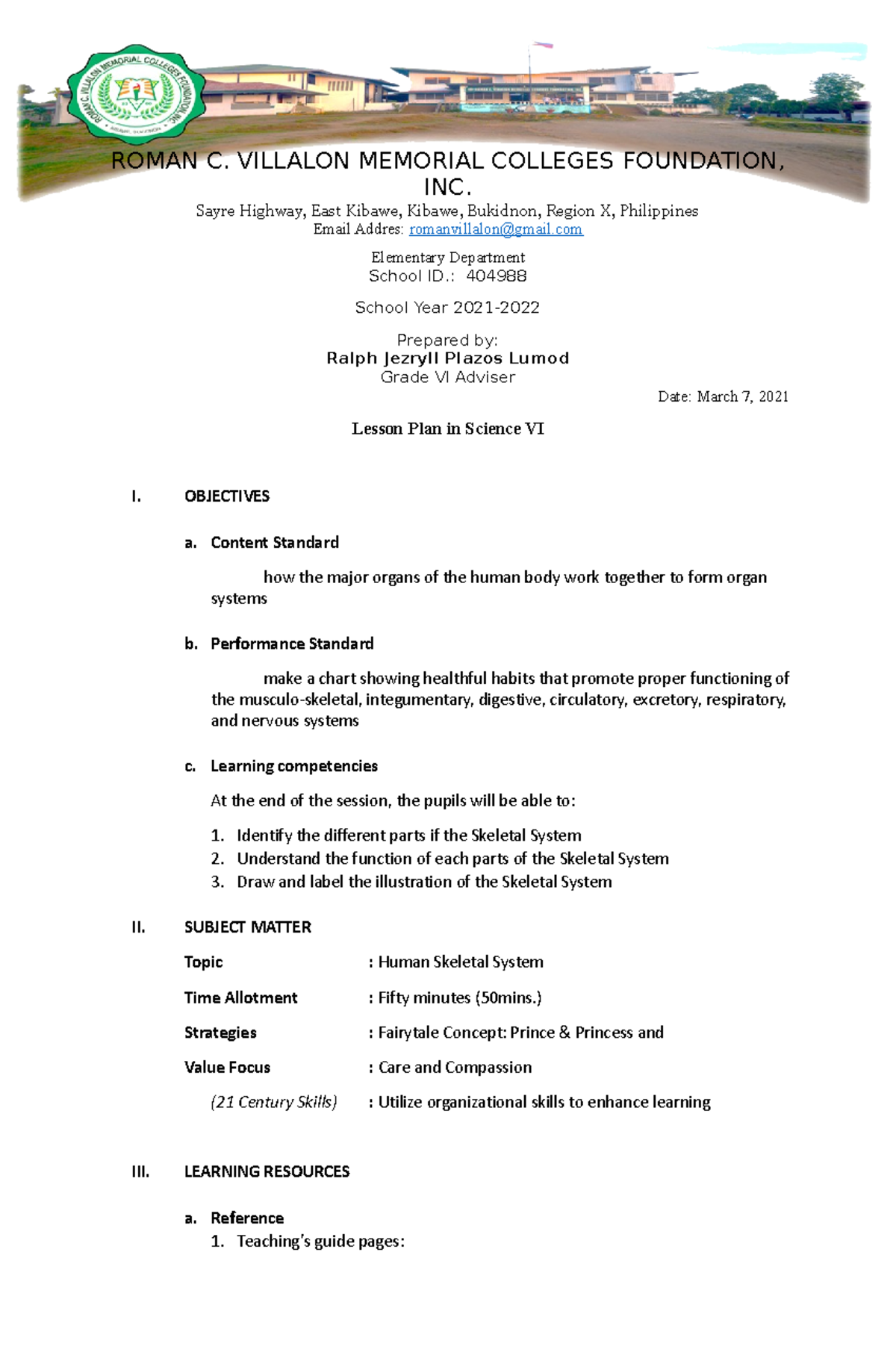 Skeletal System Lesson Plan Template - ROMAN C. VILLALON MEMORIAL ...