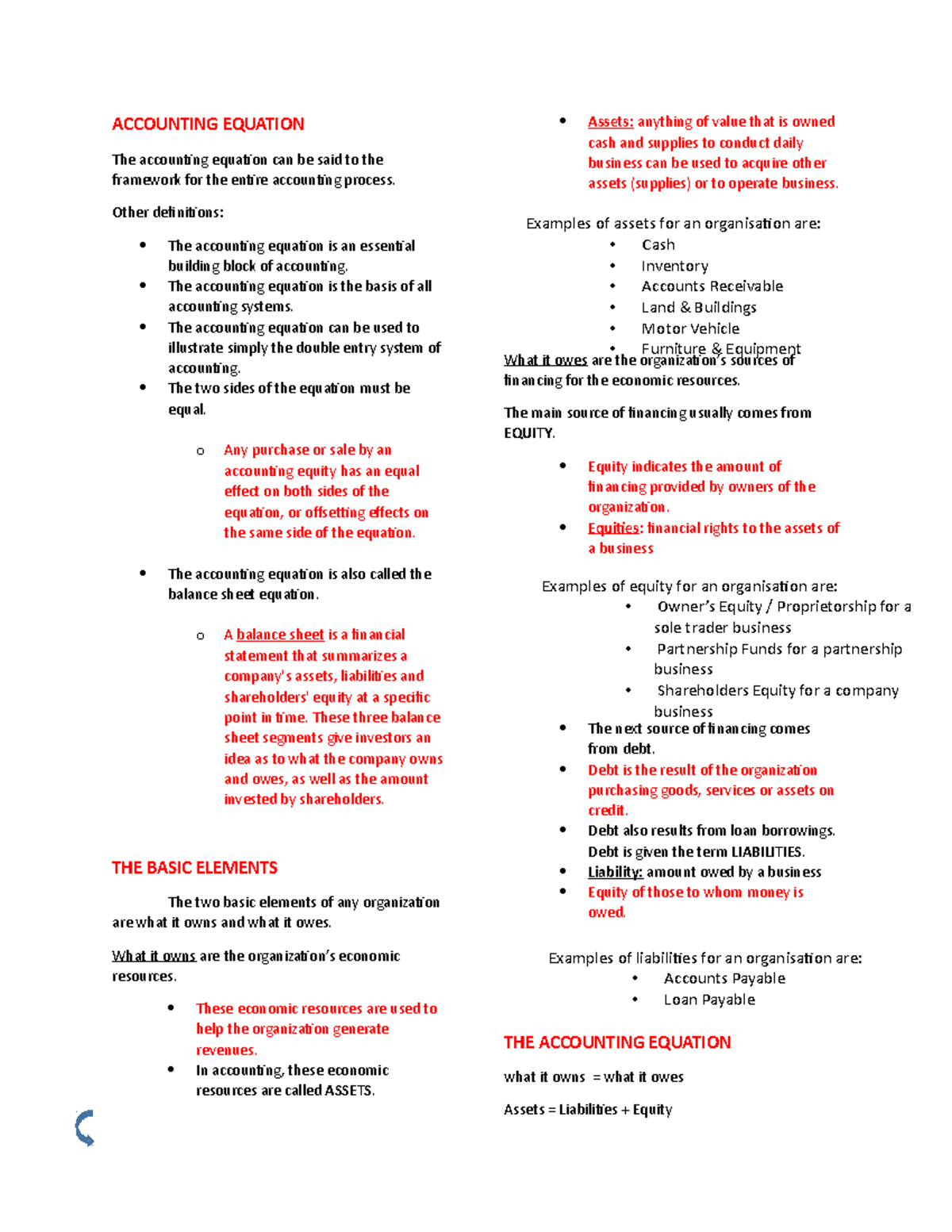 Accounting Equation NOtes - ACCOUNTING EQUATION The accounting equation ...
