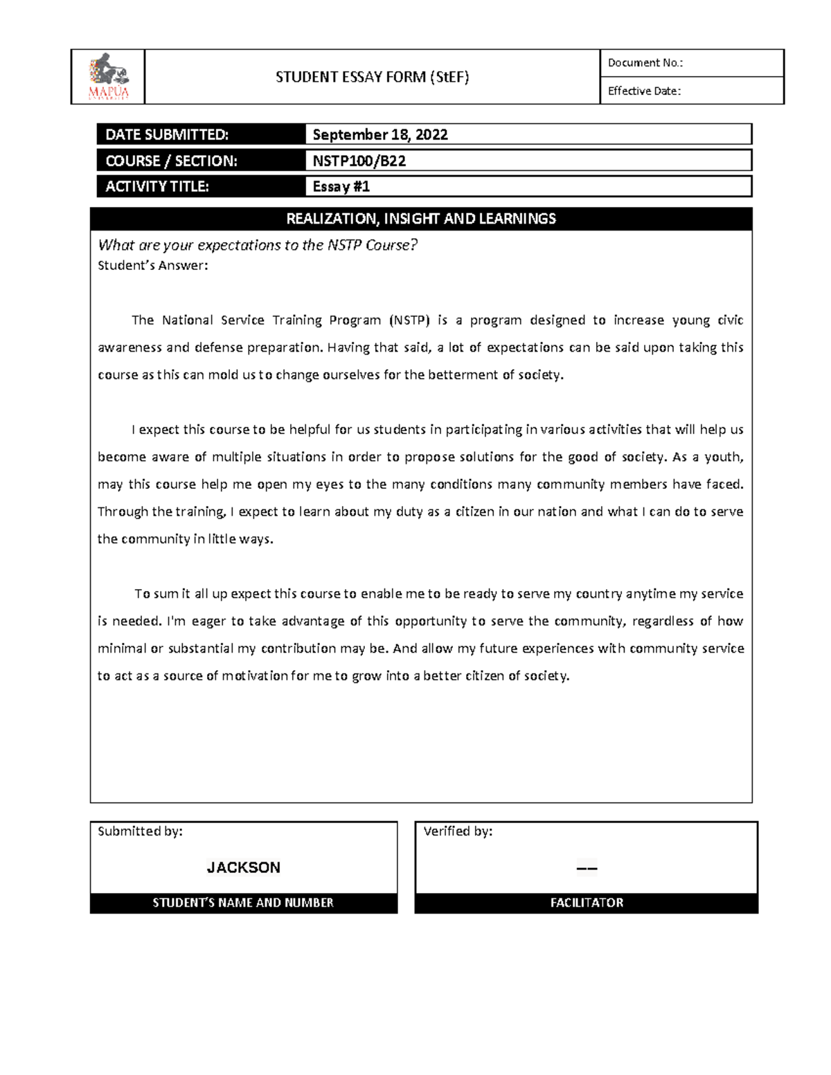 Jackson A-NSTP1 00-B22 E1 - STUDENT ESSAY FORM (StEF) Document No ...