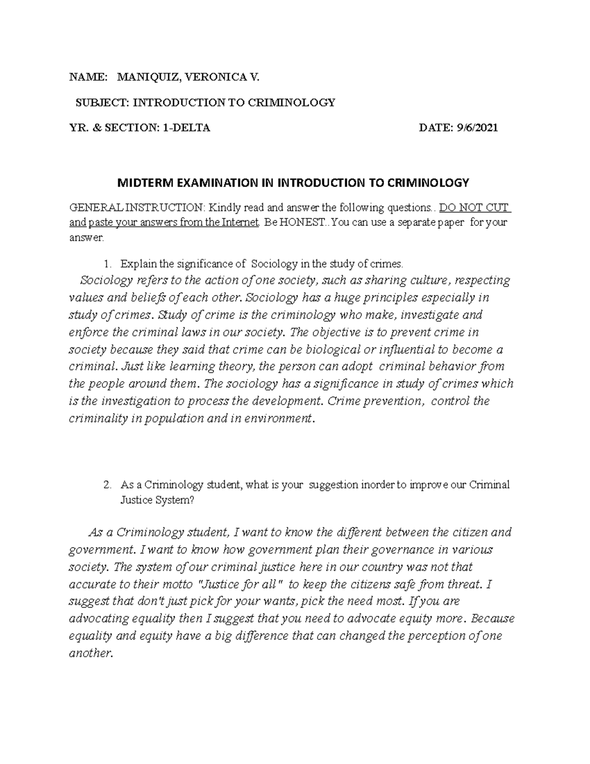 ITC- Midterm-VVM - Activity - NAME: MANIQUIZ, VERONICA V. SUBJECT: INTRODUCTION TO CRIMINOLOGY ...