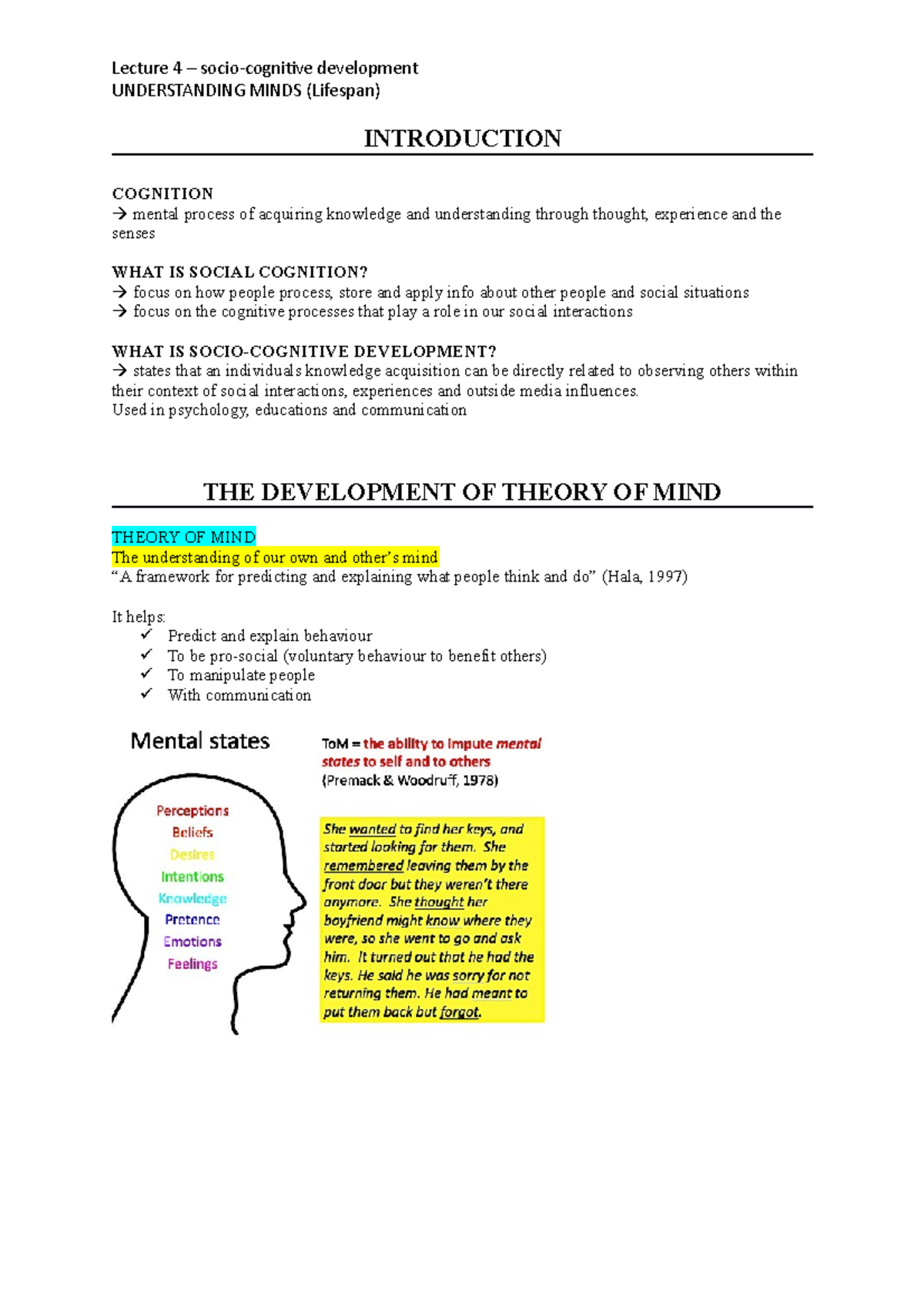 THE DEVELOPMENT OF THEORY OF MIND - Lecture 4 - Lecture 4 – socio ...