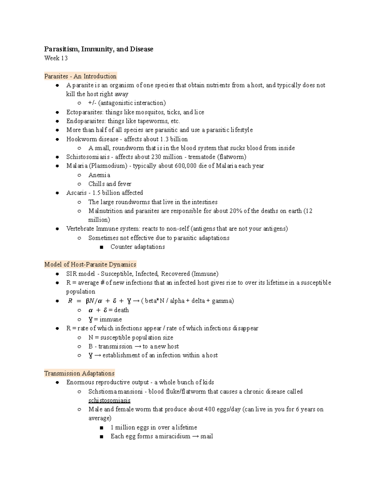 Week 13 - lecture 24 - notes over Parasitism, Immunity, and Disease ...