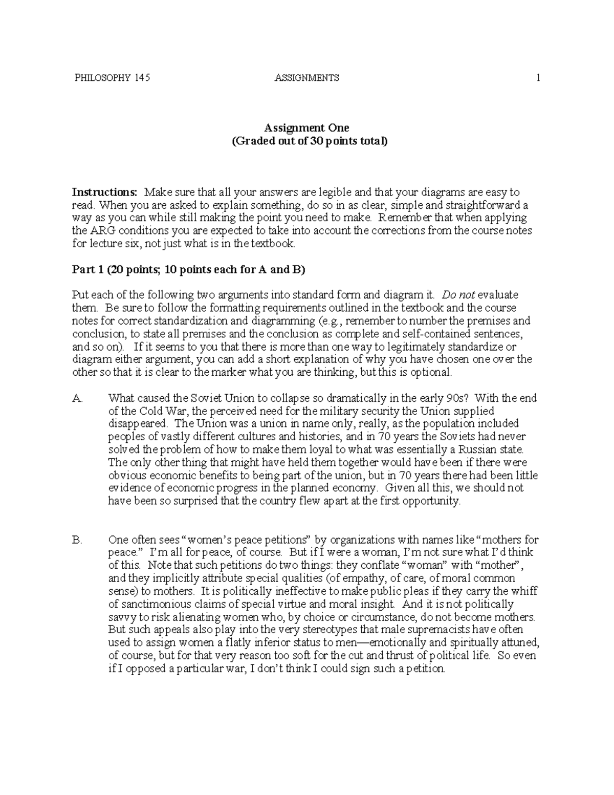 145 Assignment 1 W19 - PHILOSOPHY 145 ASSIGNMENTS 1 Assignment One ...