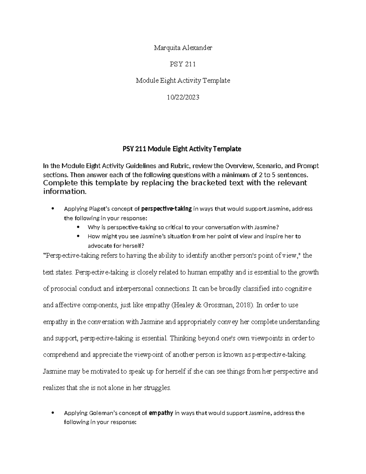 Module eight activity - assignments - Marquita Alexander PSY 211 Module ...