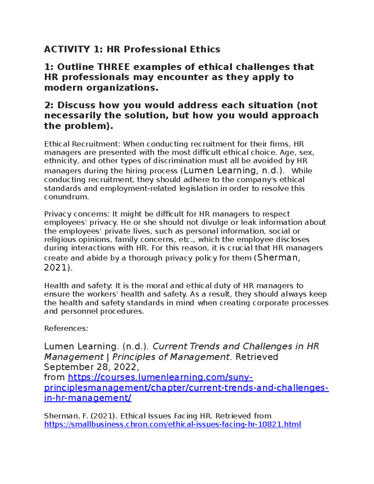 Week 7 Activity 1 - discussion posts - ACTIVITY 1: HR Professional ...