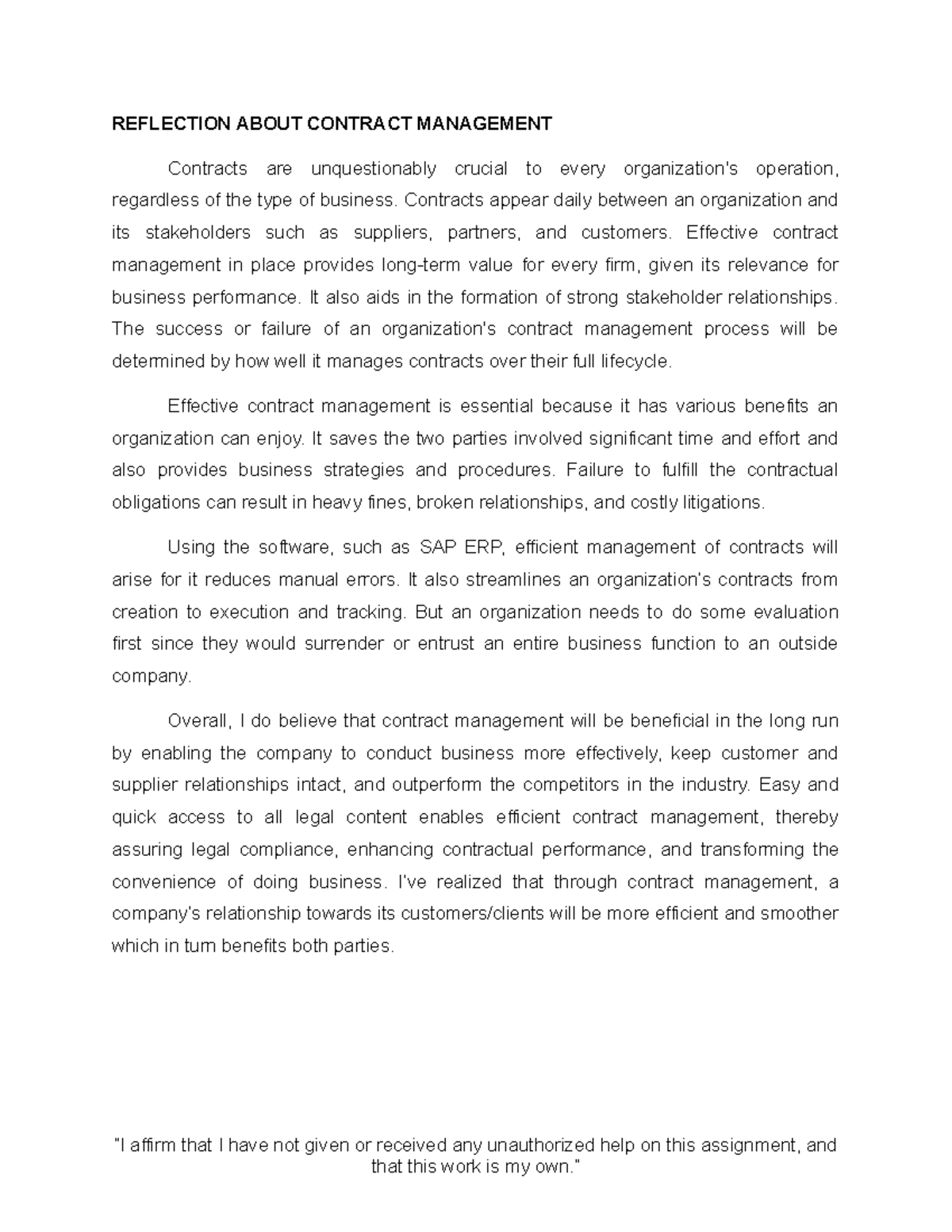 Assignment 2.1 - Reflection Paper Contract Management - REFLECTION ...