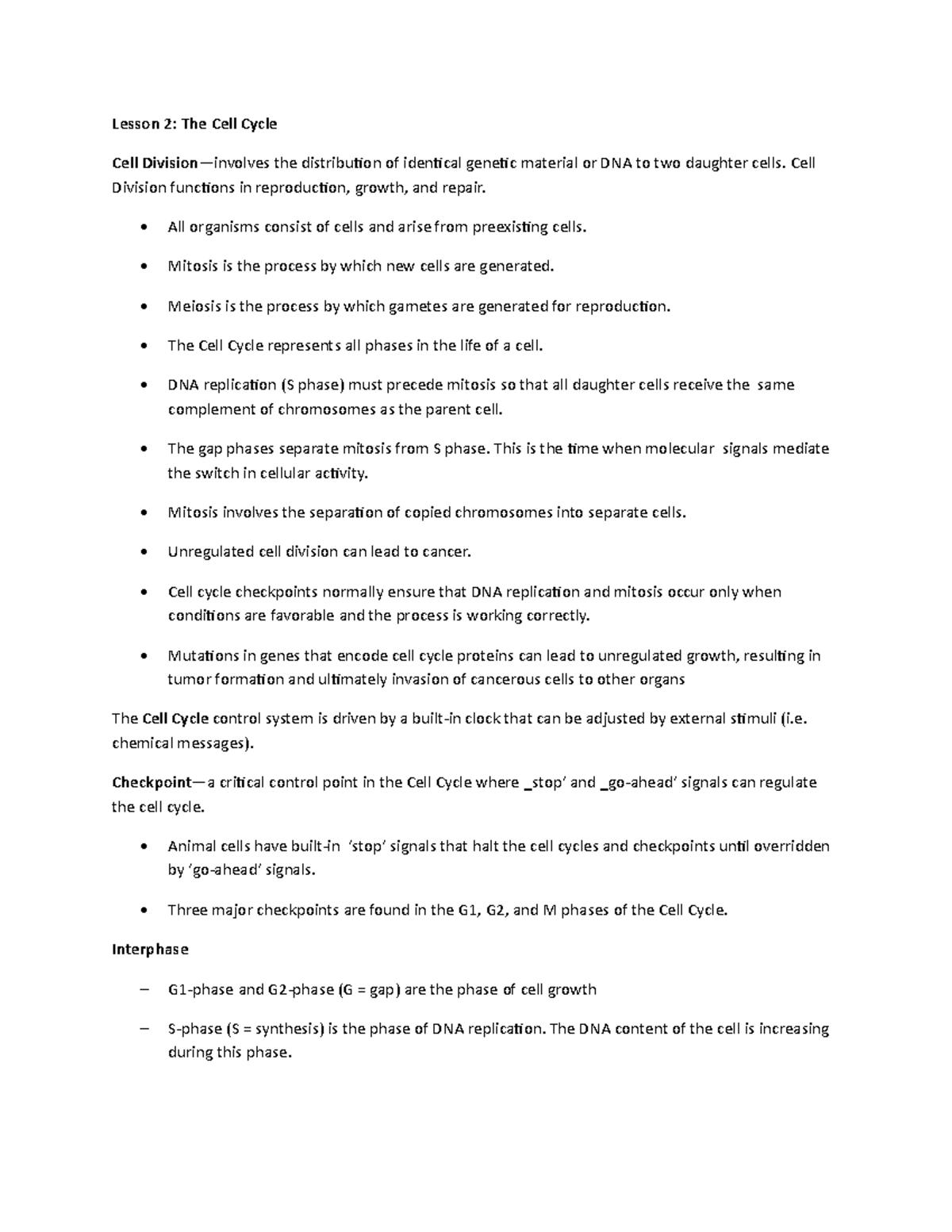 Lesson 2 The Cell Cycle - Lesson 2: The Cell Cycle Cell Division ...