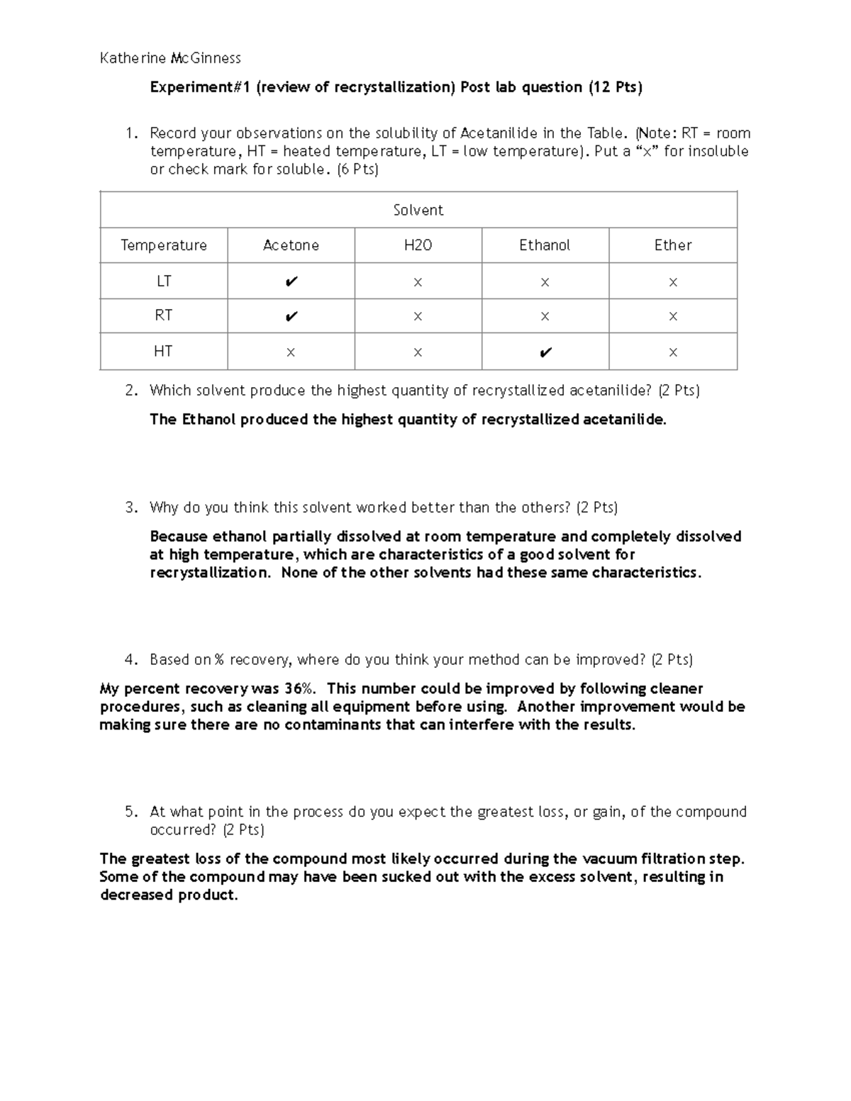 Exp#1 Post lab quiz -recrystallization - Katherine McGinness Experiment#1 (review of - Studocu